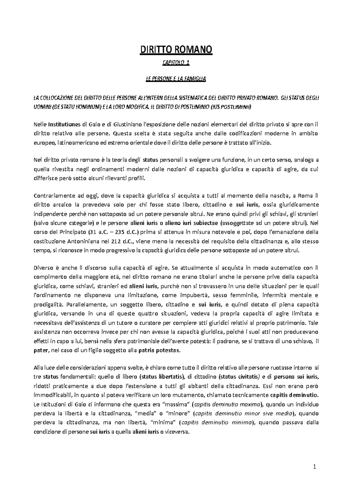 Dispense Romano - DIRITTO ROMANO CAPITOLO 1 LE PERSONE E LA FAMIGLIA LA ...