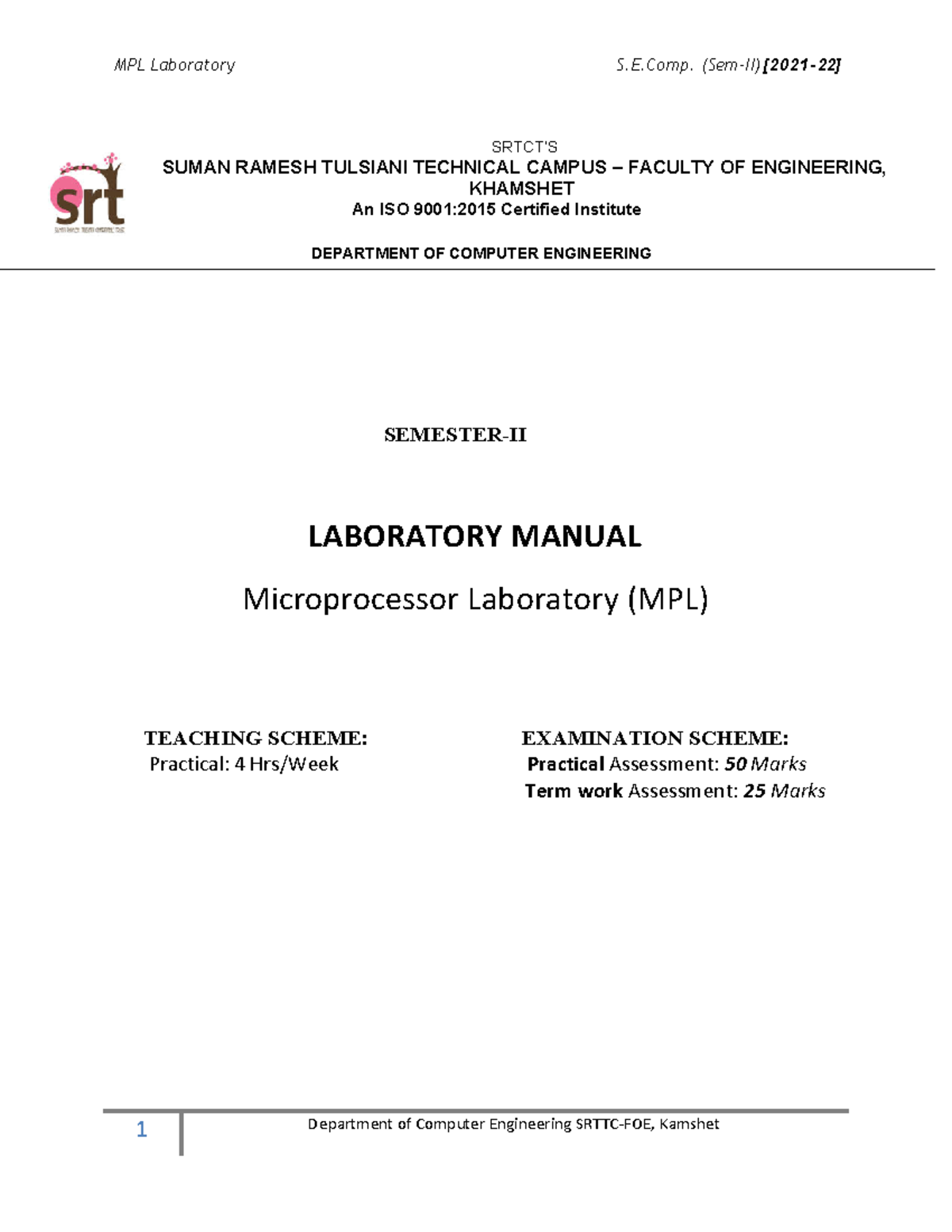 MPL Lab Manual - Helpful material - SRTCT’S SUMAN RAMESH TULSIANI TECHNICAL CAMPUS – FACULTY OF ...