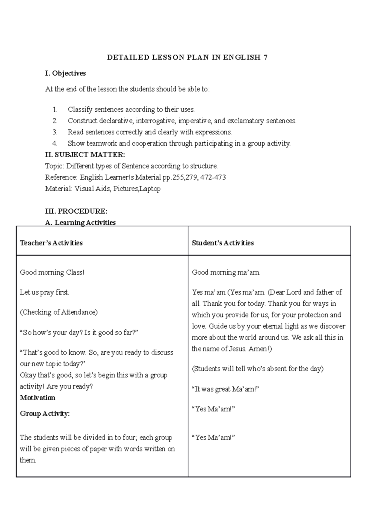 Detailed Lesson PLAN IN English Grade 7 - DETAILED LESSON PLAN IN ...