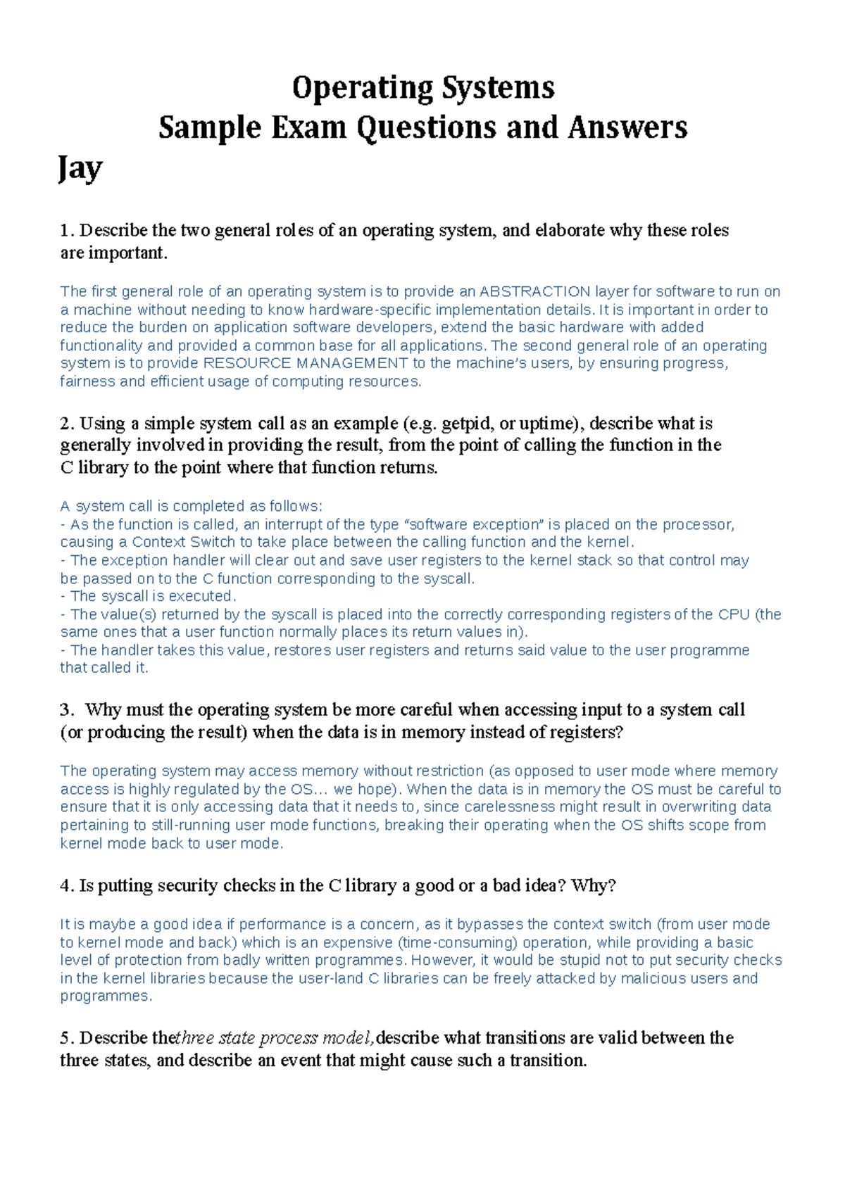 Comp3231 80questions Assignments Revision Operating Systems Sample Exam Questions And