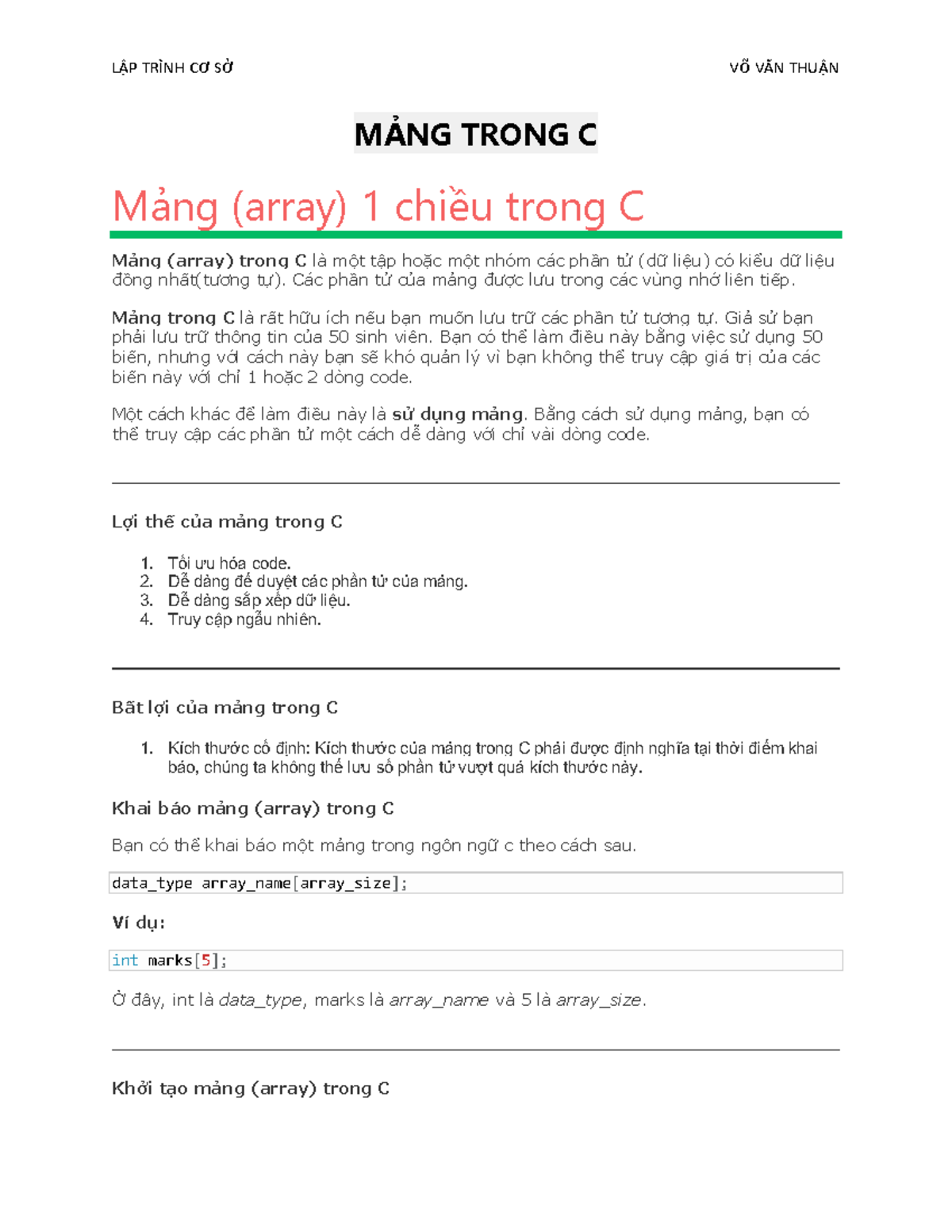 MẢNG Trong C - ánmdad - MẢNG TRONG C Mảng (array) 1 chiều trong C Mảng (array) trong C là một ...