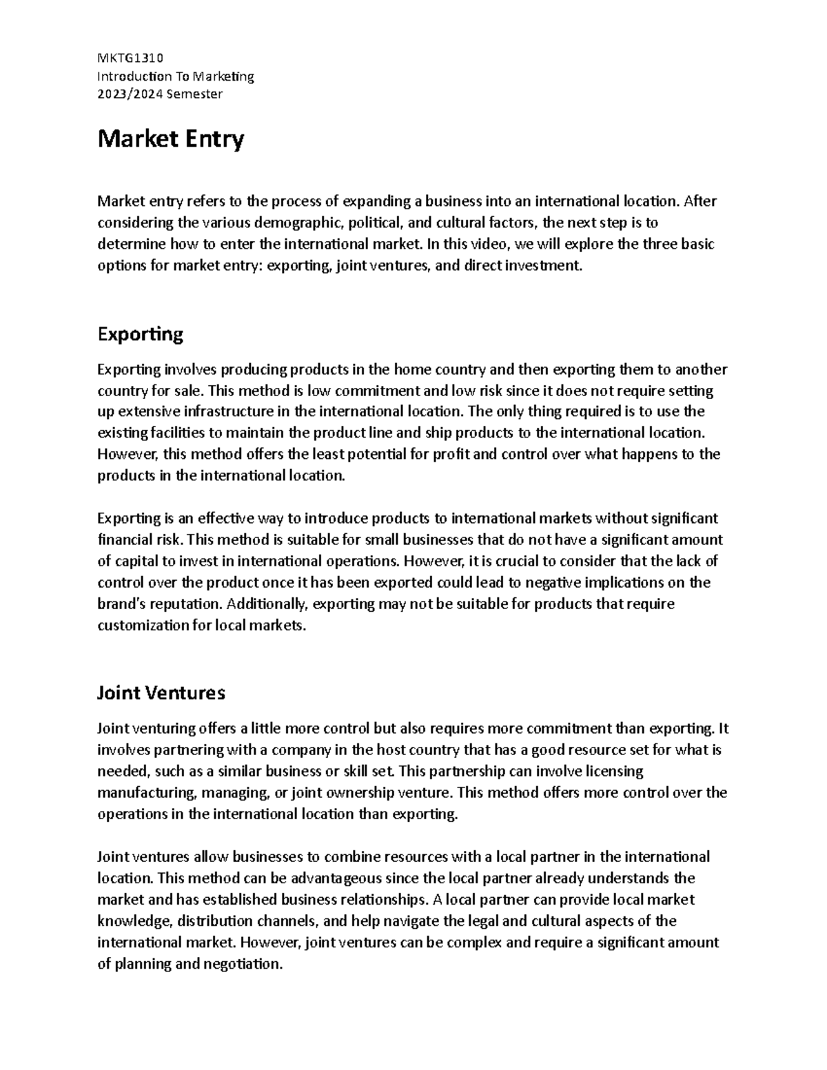 Market Entry - MKTG Introduction To Marketing 2023/2024 Semester Market ...