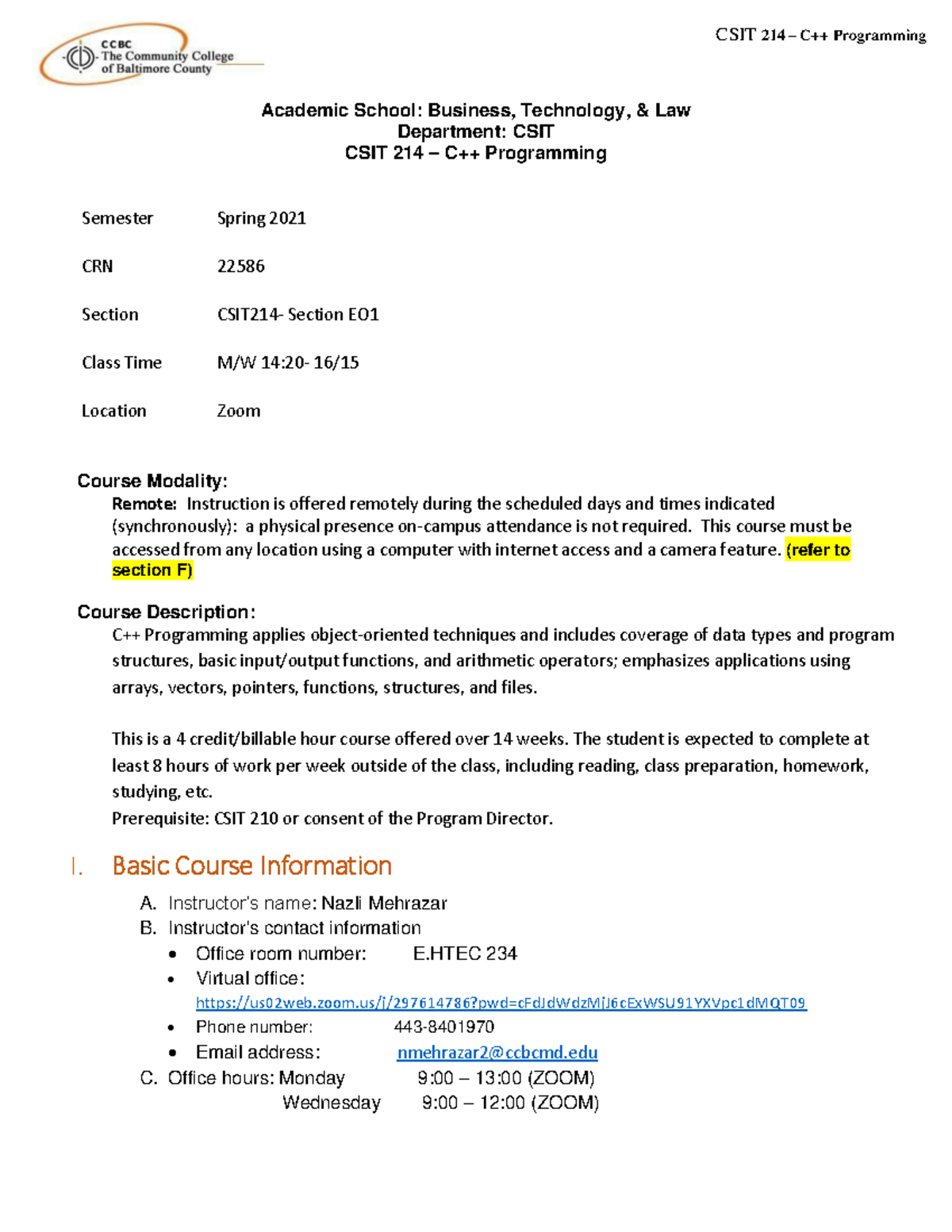 CSIT 214 - syllabus-Spring 2021 - Academic School: Business, Technology ...