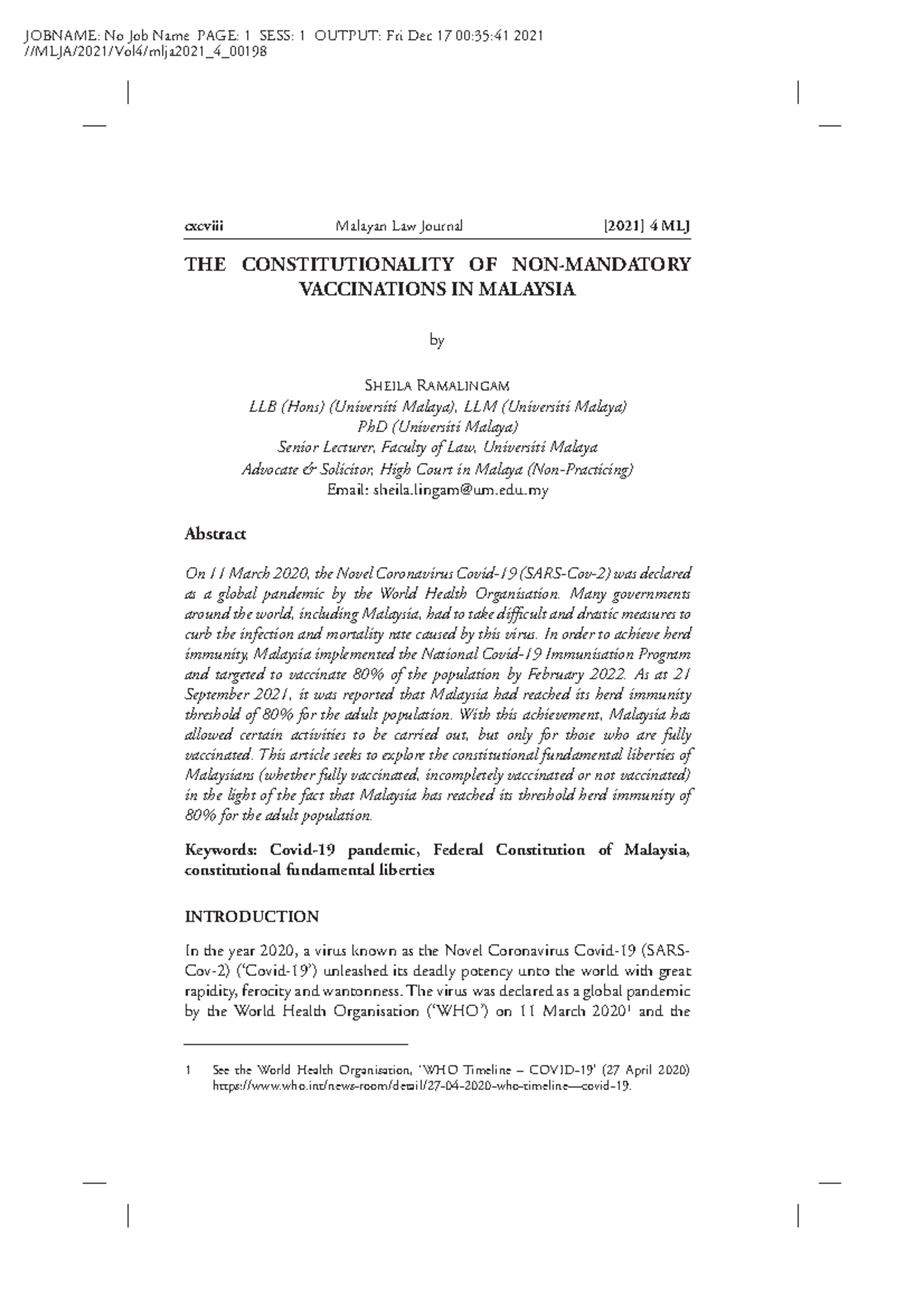 The Constitutionality of Non Mandatory Vaccinations in Malaysia ...