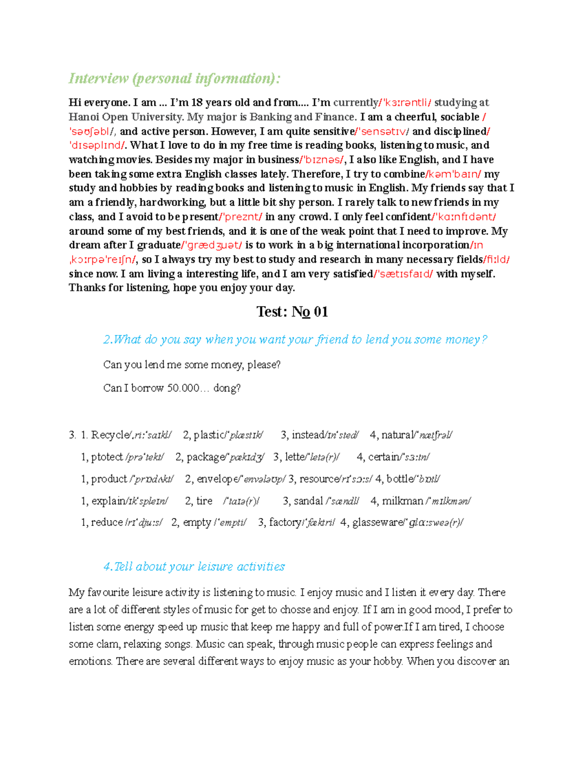 E1 - ENGLISH - Interview (personal information): Hi everyone. I am ...