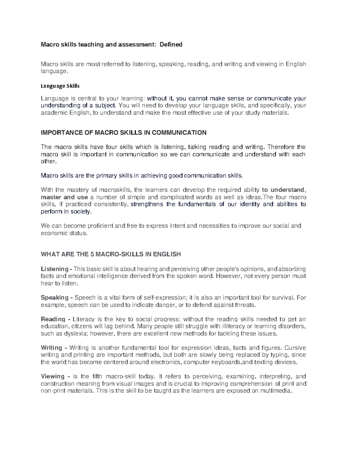 ELT 207 lesson 1 Macro Skills Defined - Macro skills teaching and ...