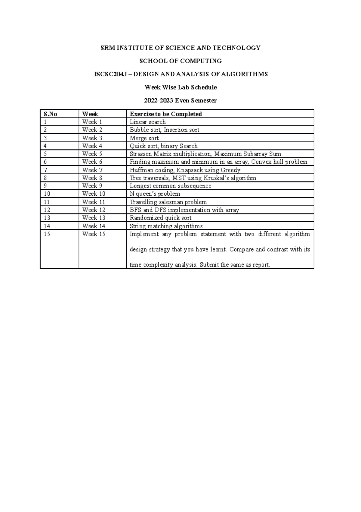 Week wise lab schedule 2023 even semester - SRM INSTITUTE OF SCIENCE ...