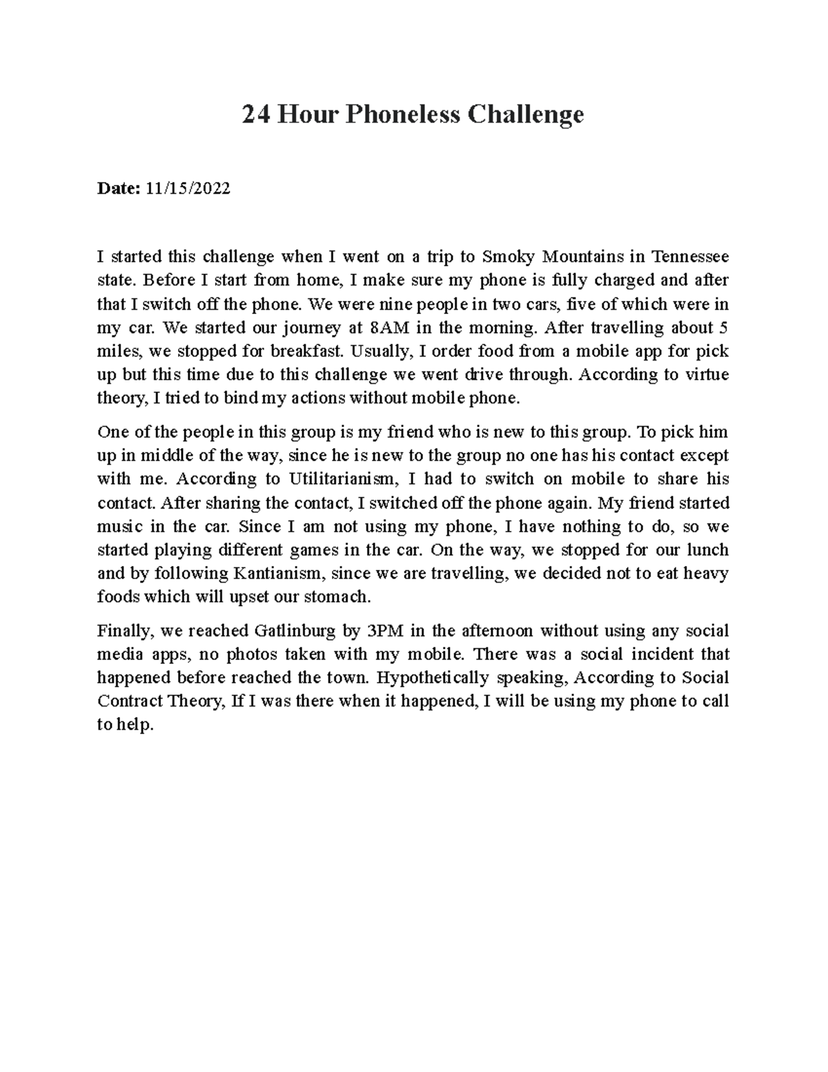 24 Hour Phoneless Challenge - 24 Hour Phoneless Challenge Date: 11/15 ...