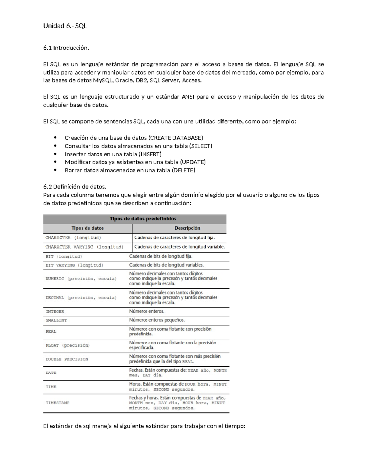 Unidad 6-1 SQL - Resumen Fundamntos de Bases de Datos - 6 Introducción ...