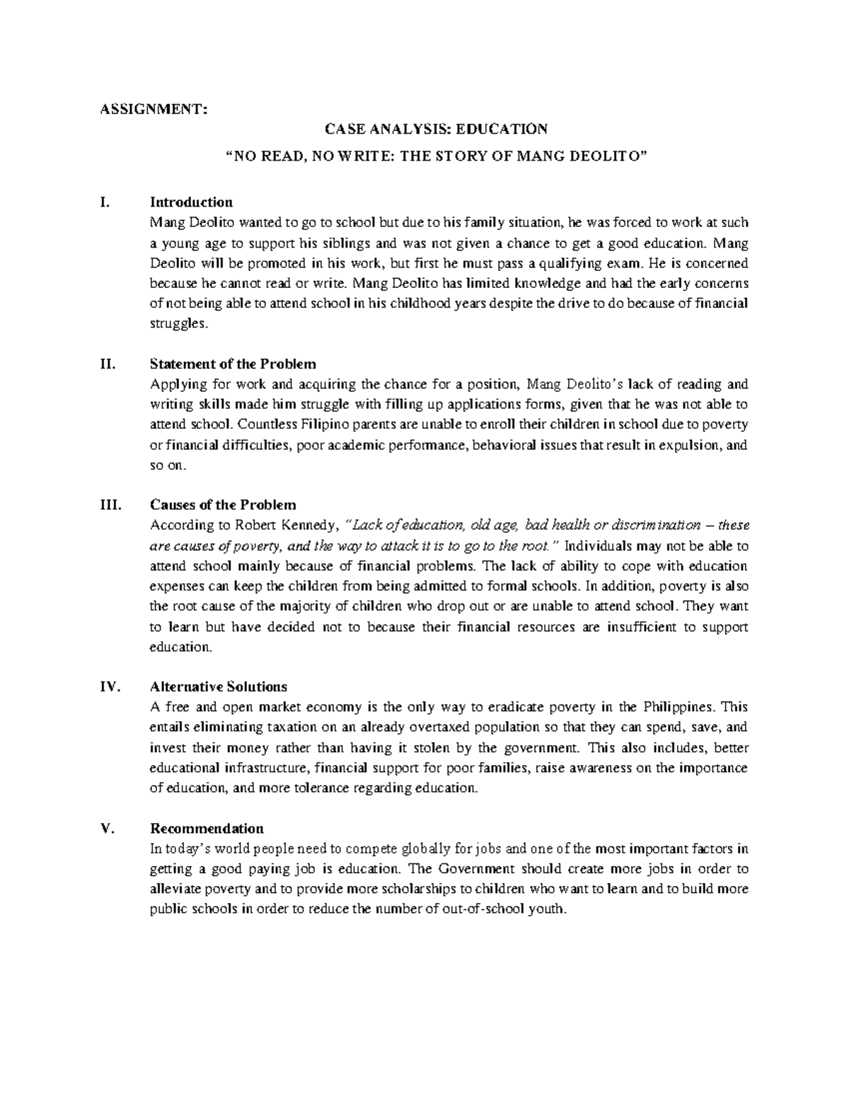 CASE ANALYSIS - Education - ASSIGNMENT: CASE ANALYSIS: EDUCATION “NO READ, NO WRITE: THE STORY ...