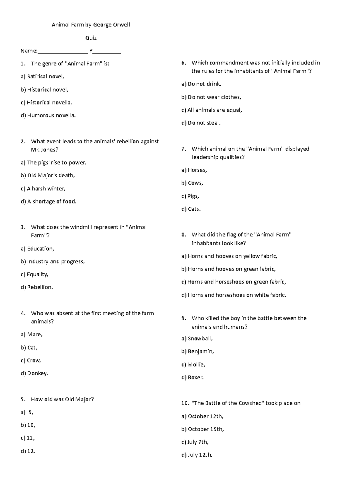 Animal Farm Updated - Animal Farm by George Orwell Quiz Name ...