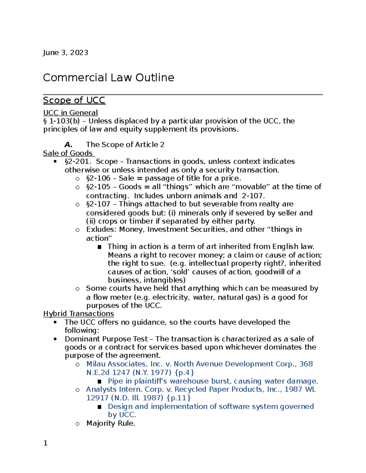 Commercial Law Outline Week 5 - June 3, 2023 Commercial Law Outline ...