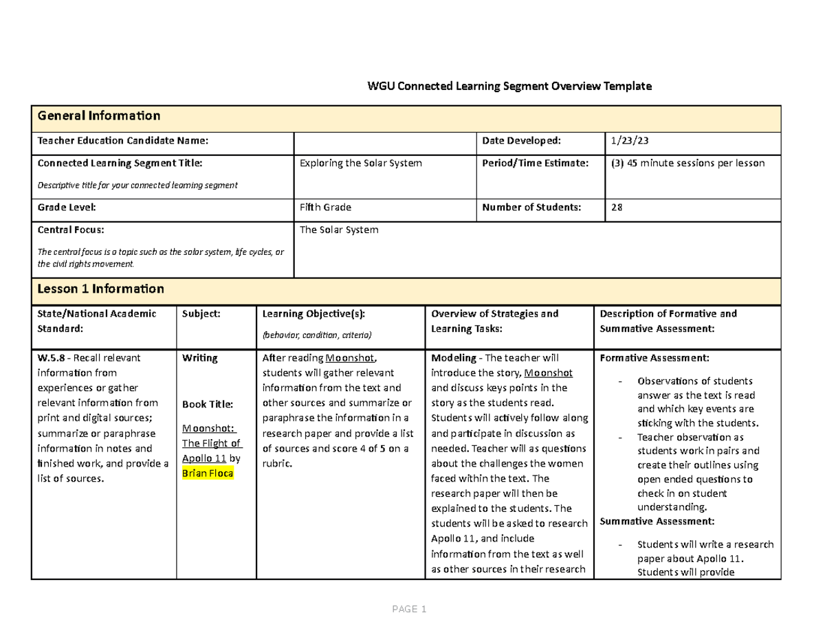 D172 - Task 2-2 - passed first try - WGU Connected Learning Segment Overview Template General ...