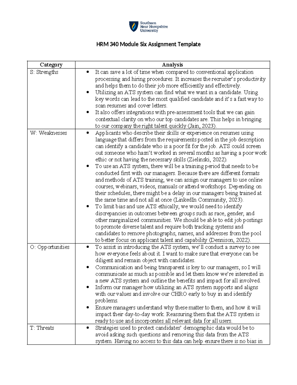 6-1 SWOT Analysis - HRM 340 Module Six Assignment Template Category ...