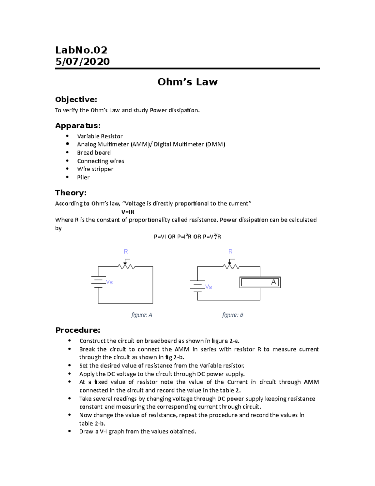 LCA lab02 - lab material - LabNo. 5/07/ Ohm’s Law Objective: To verify ...