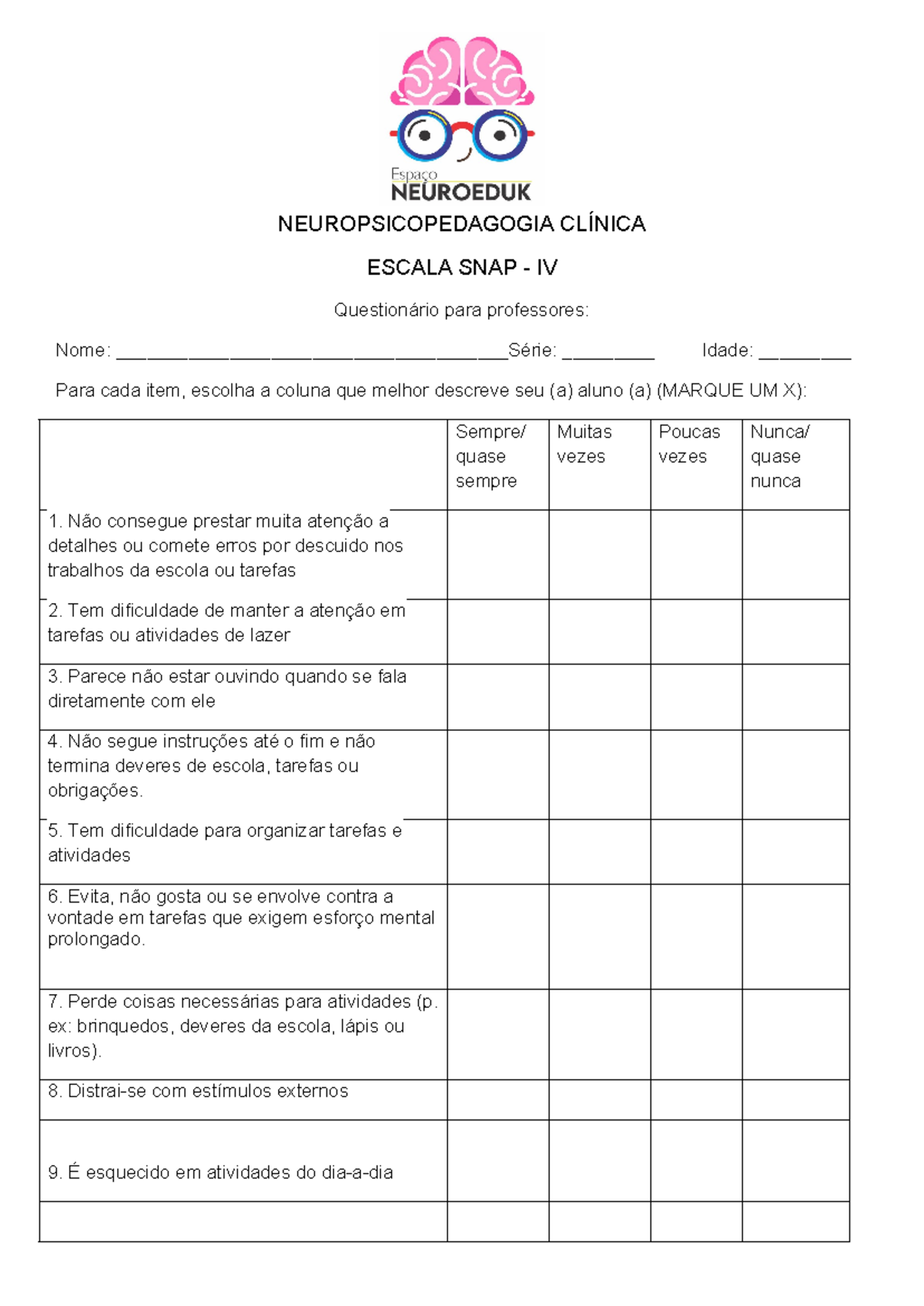 SNAP IV professores TDAH - NEUROPSICOPEDAGOGIA CLÍNICA ESCALA SNAP - IV ...