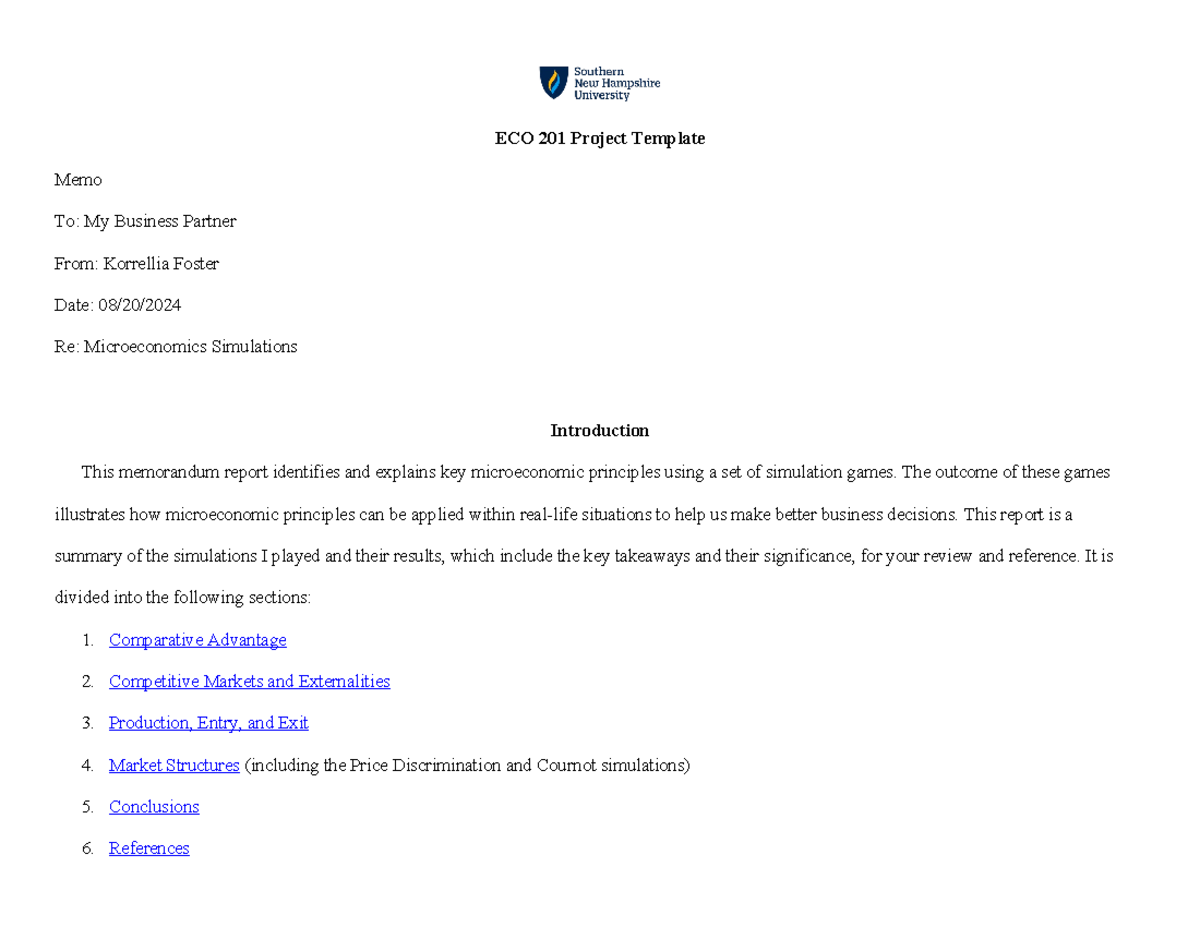 ECO 201 Project - ECO 201 Project Template Memo To: My Business Partner ...