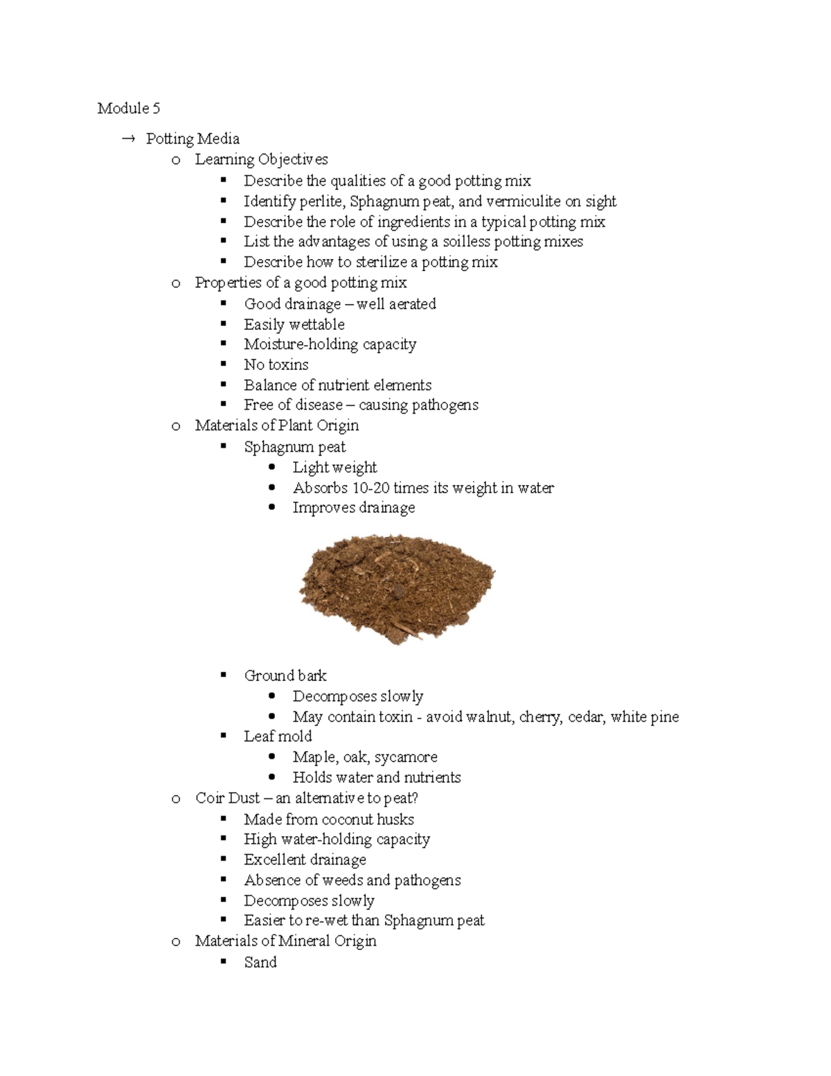 Unit 2 Notes - Module 5 Potting Media o Learning Objectives Describe ...