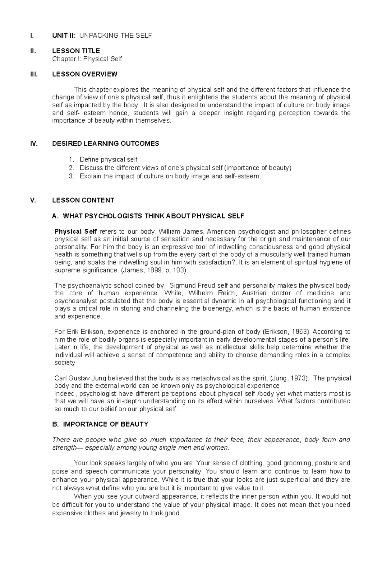 GE SELF unit 2 module - GE SELF - I. UNIT II: UNPACKING THE SELF II ...