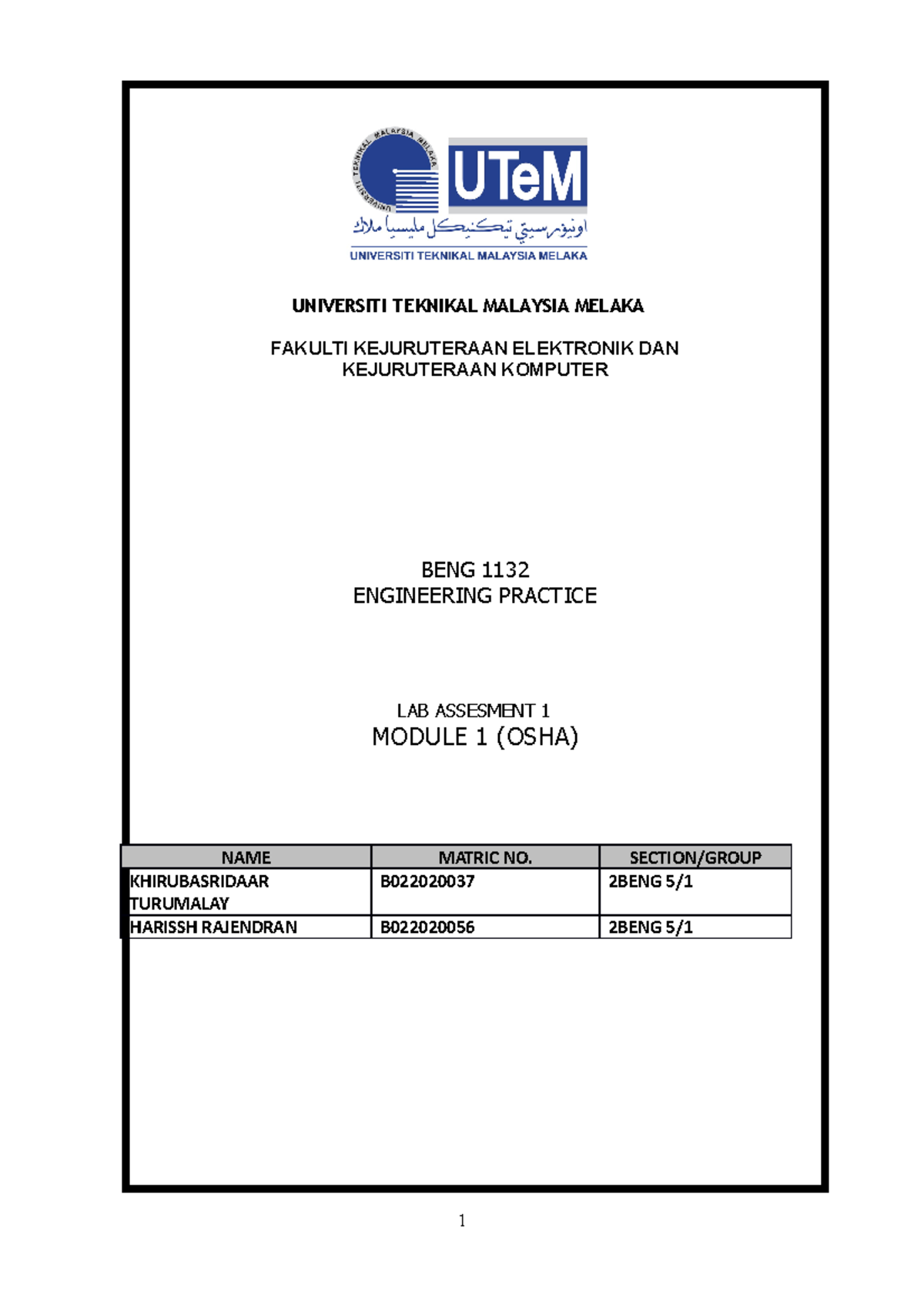 Lab assesment 1 - Electronic and Telecommunication Engineering - UTeM - Studocu
