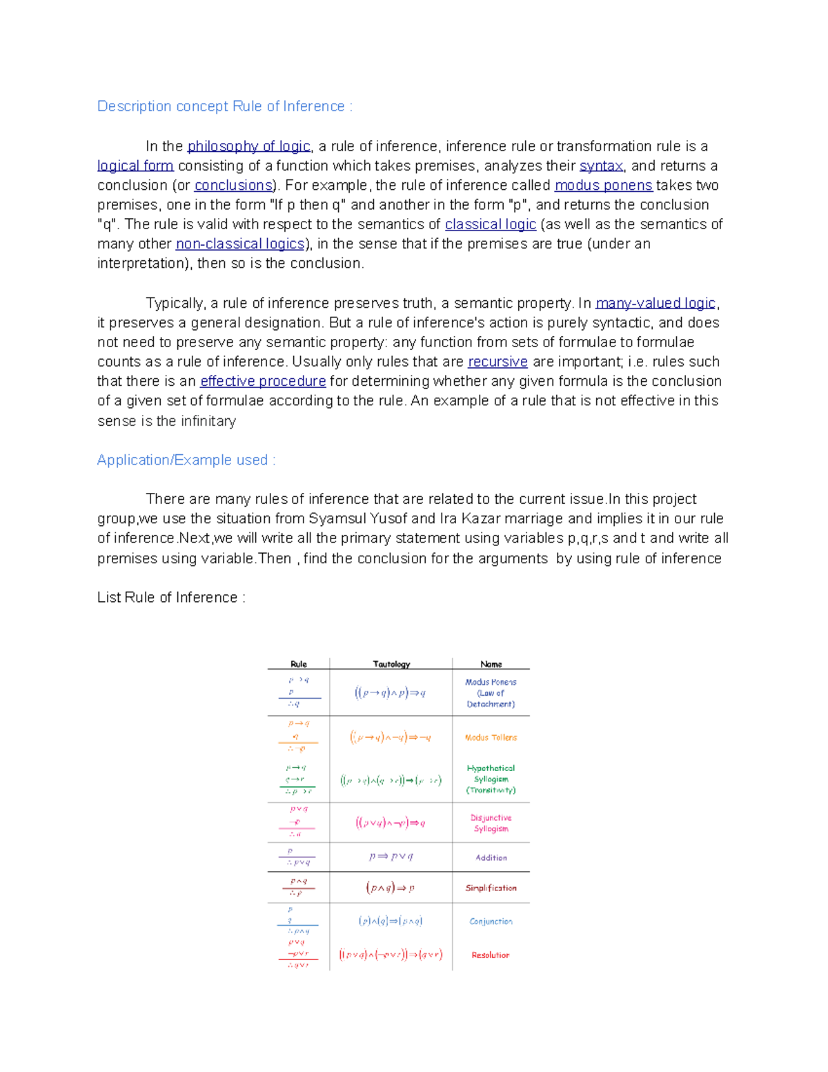 Description and applicationexample used - Description concept Rule of ...