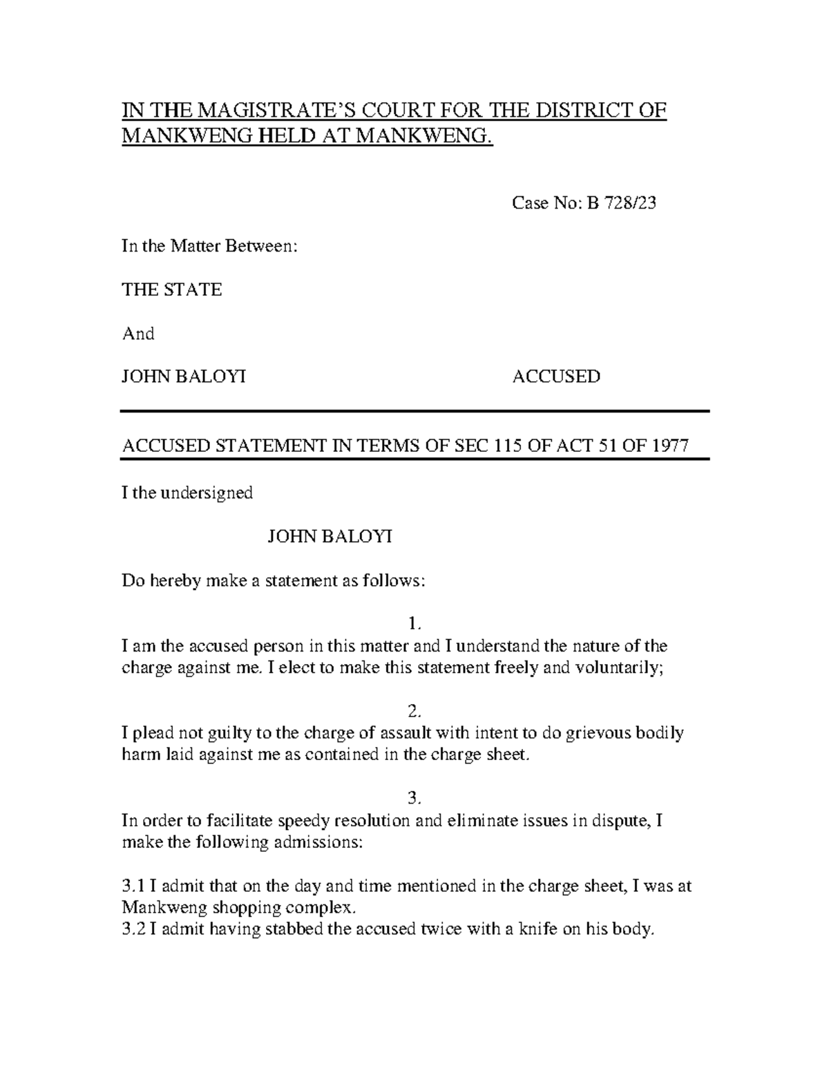 Statement IN Terms OF SEC 115 2023 - IN THE MAGISTRATE’S COURT FOR THE ...