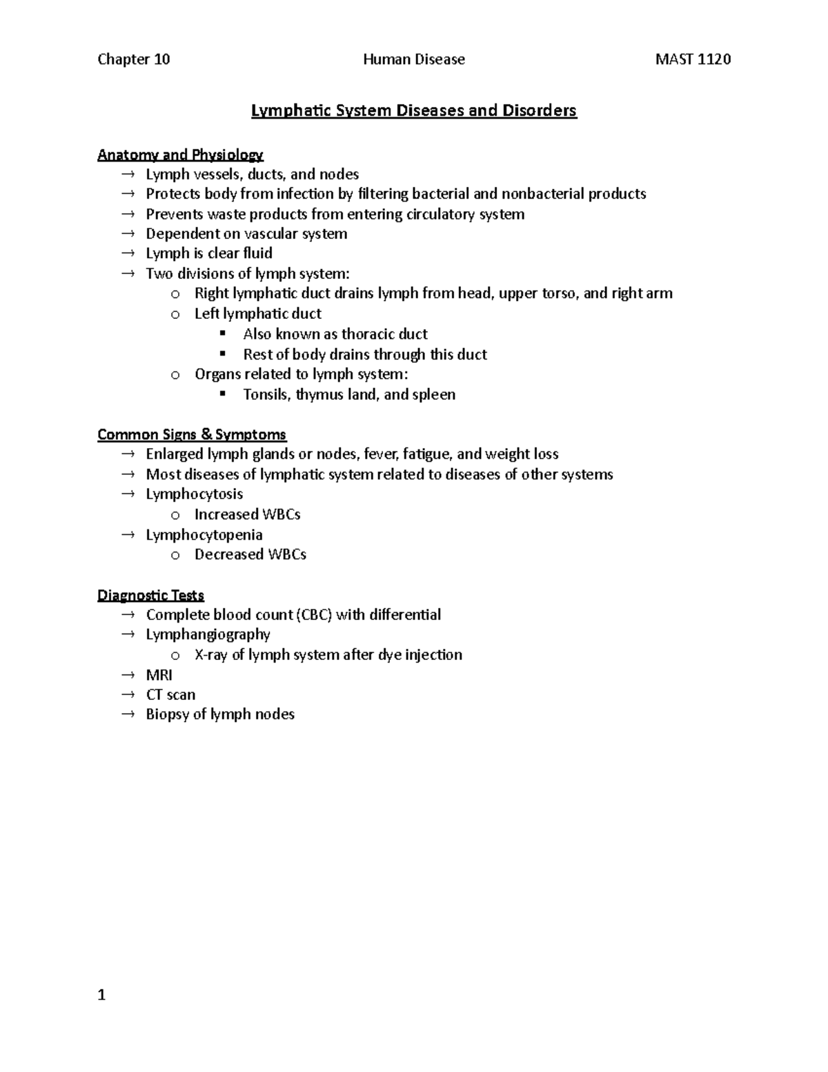 Ch. 10 - 1120 - Chapter 10 Notes - Lymphatic System Diseases and ...