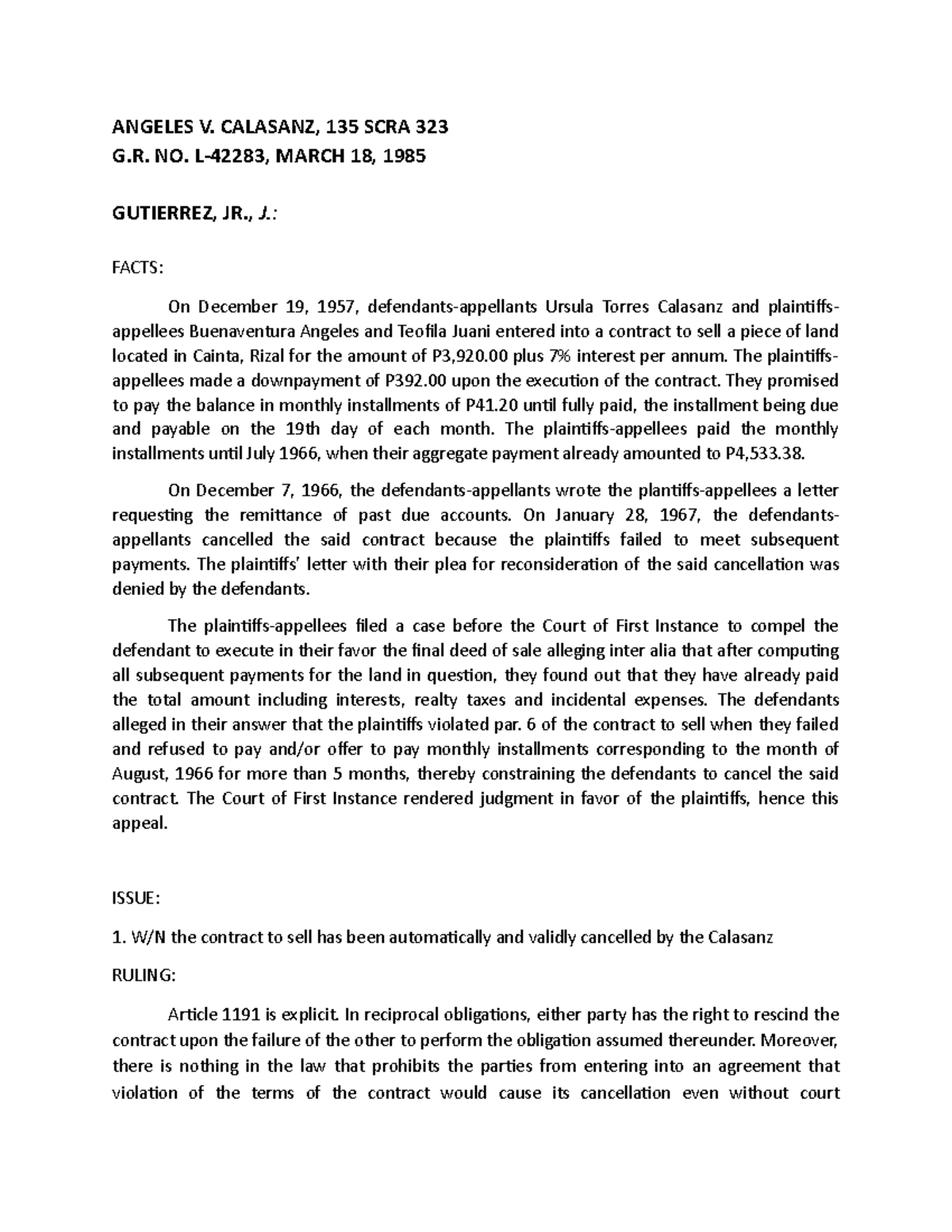 Angeles V. Calasanz, 135 SCRA 323 - ANGELES V. CALASANZ, 135 SCRA 323 G ...