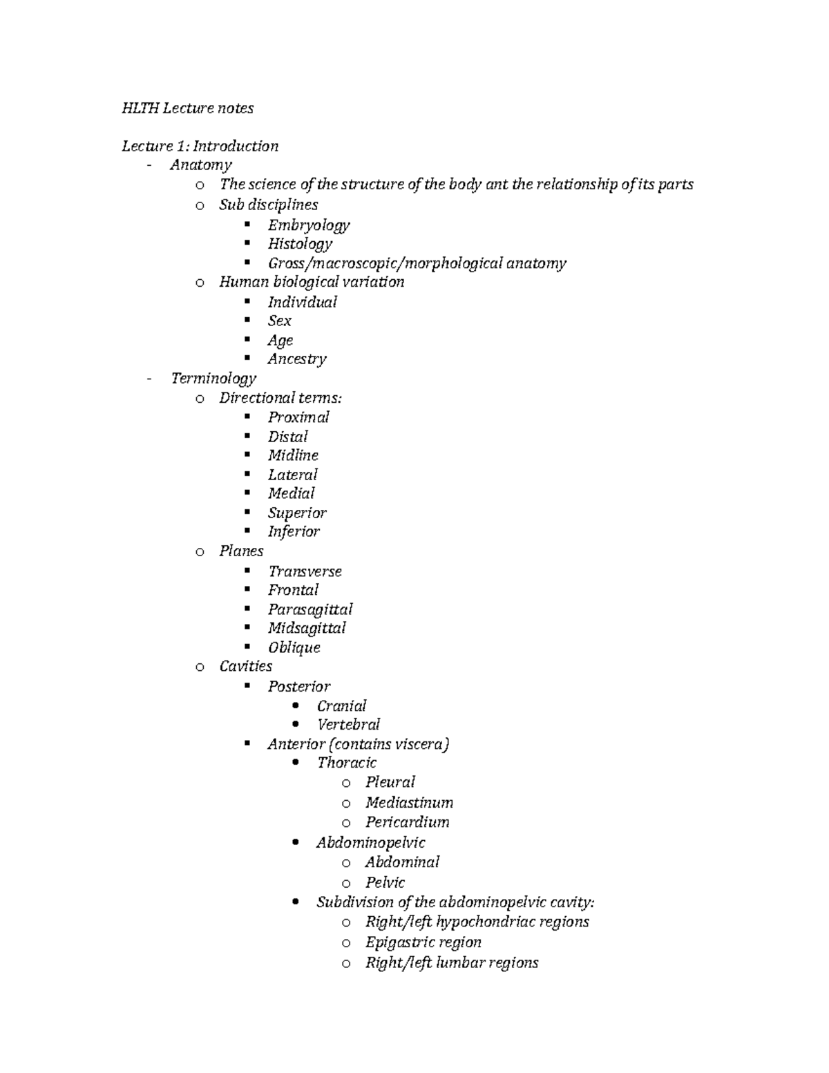 Lecture Notes Lectures 1 13 Hlth Lecture Notes Lecture 1 Introduction Anatomy O The 