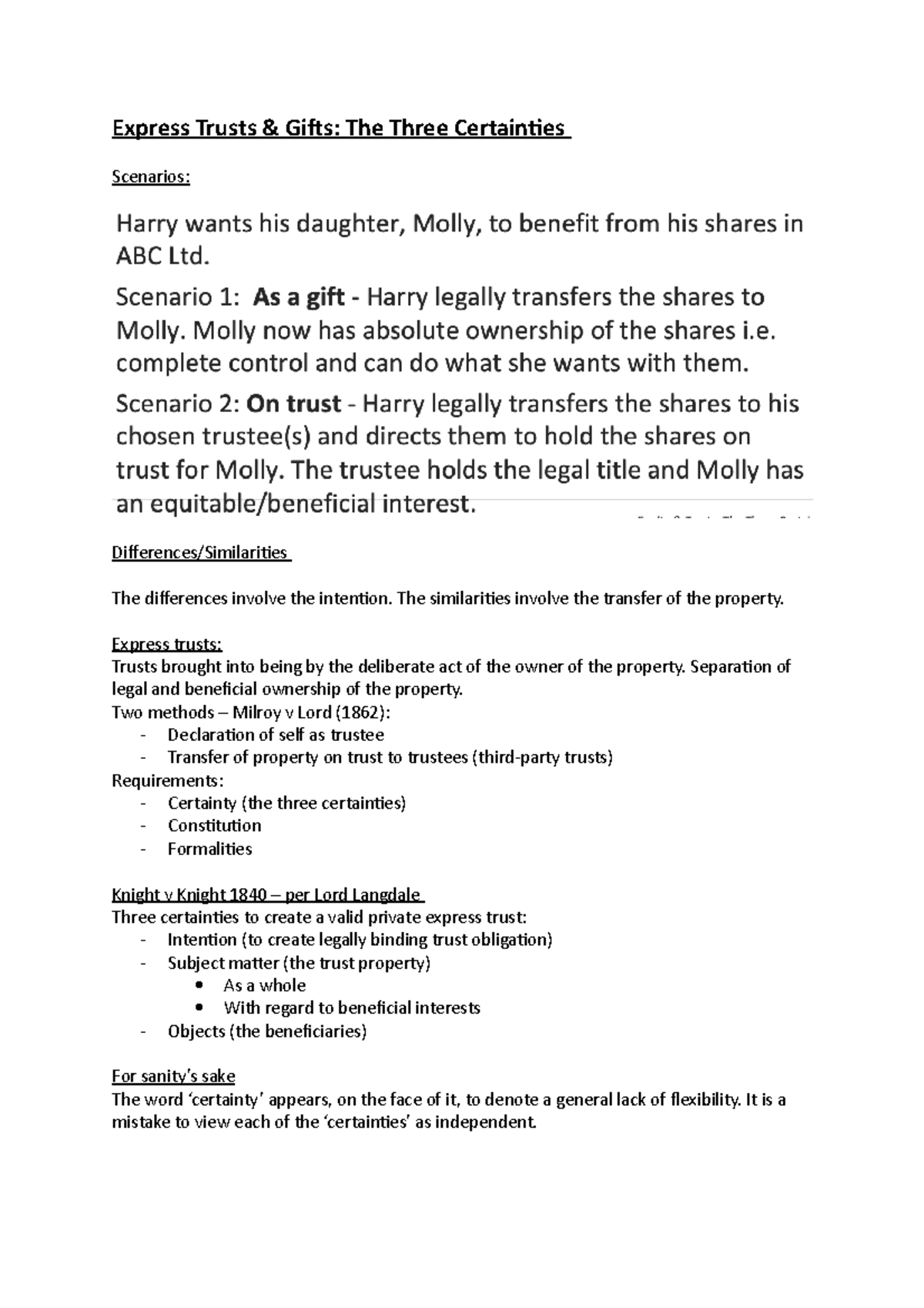 3. 3 Certainties - Express Trusts & Gifts: The Three Certainties Scenarios: - Studocu