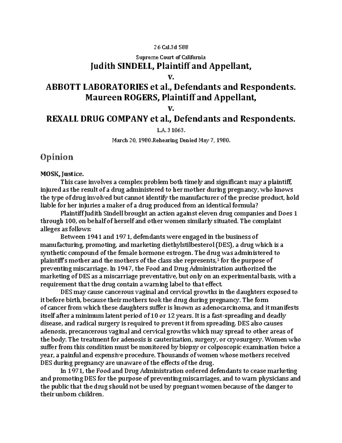 Sindell v. Abbott Labs - 26 Cal 588 Supreme Court of California Judith ...