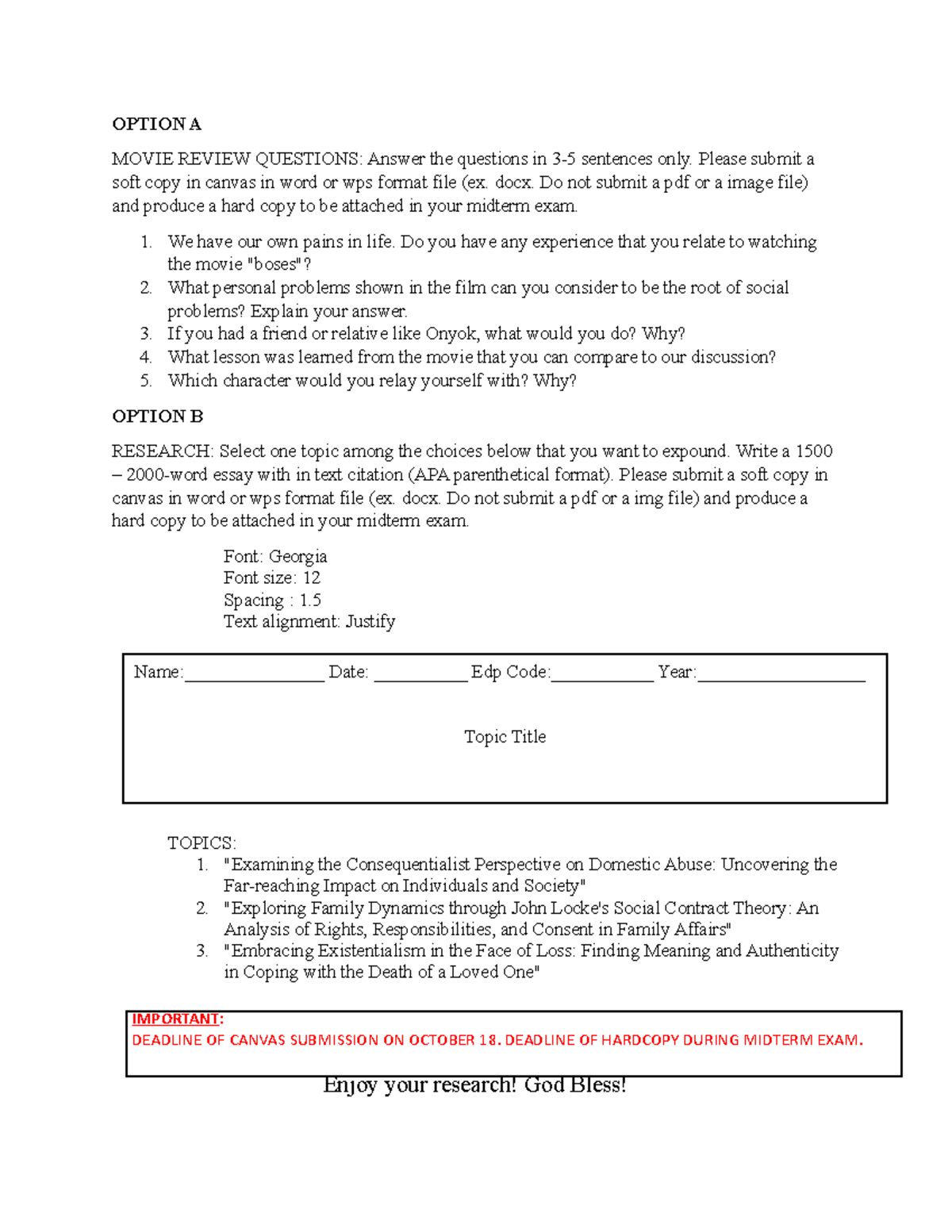 Essay AND Movie Review Questions - OPTION A MOVIE REVIEW QUESTIONS ...