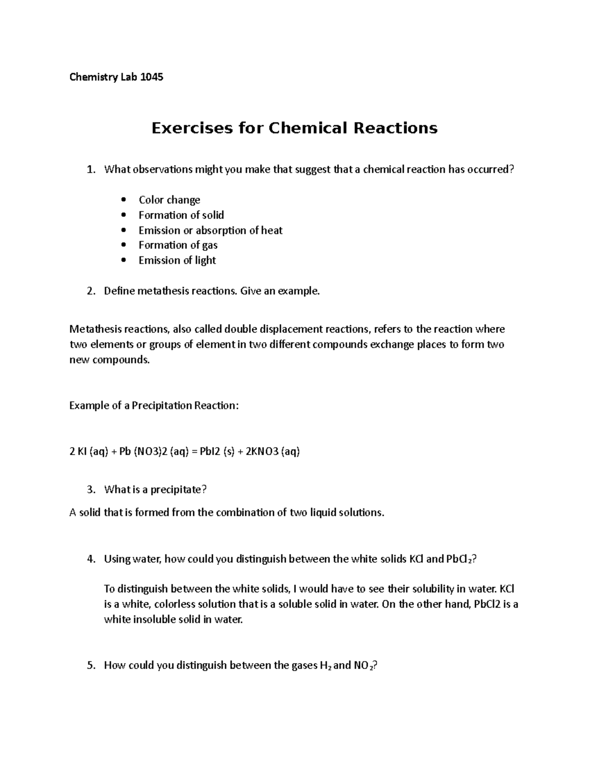 Exercises for Chemical Reactions - Chemistry Lab 1045 Exercises for ...