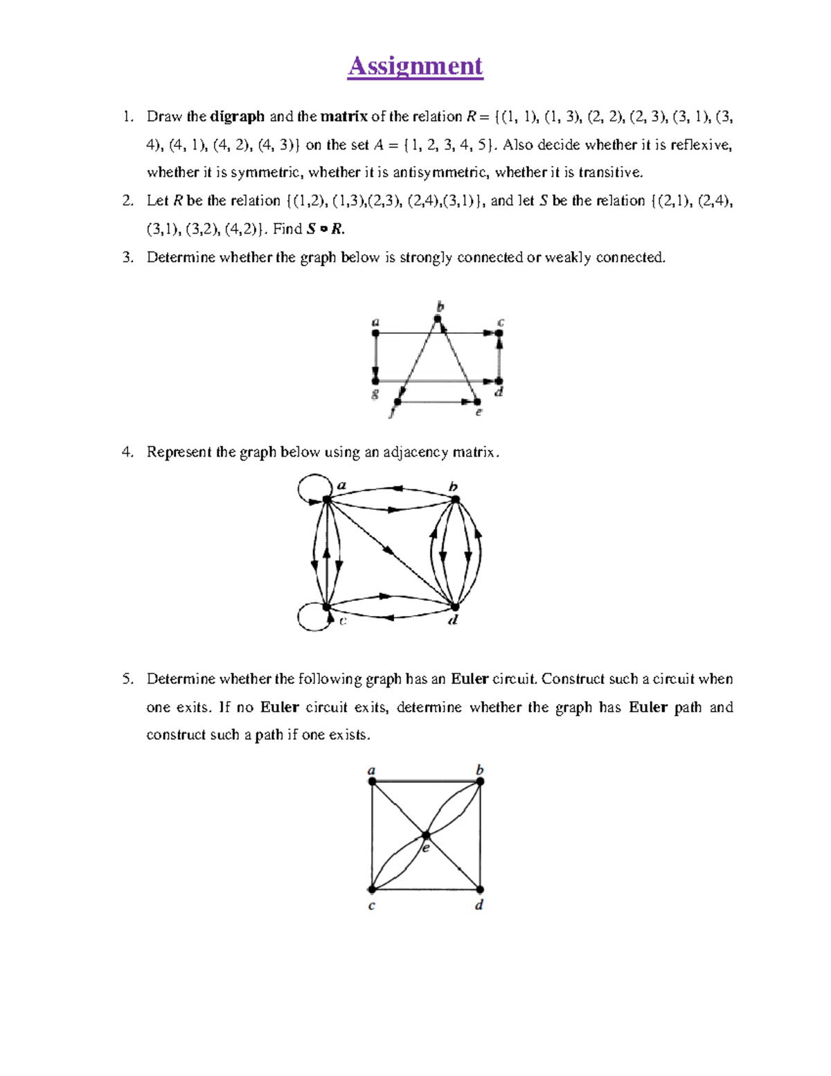Assignment-DM - Assignment - Assignment Draw the digraph and the matrix of the relation R = {(1 ...