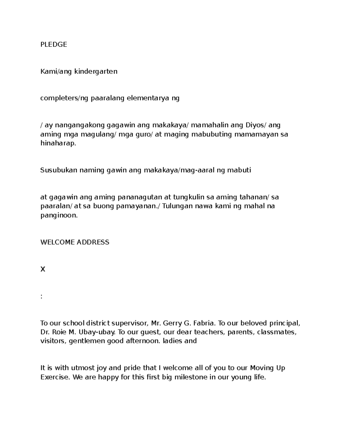 Kindergarten Speech of Gratitude - PLEDGE Kami/ang kindergarten ...