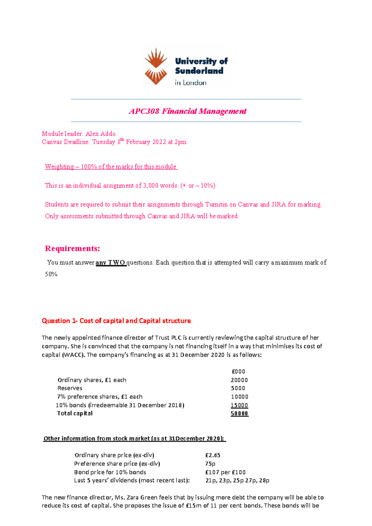 APC308 Asignment Brief - APC308 Financial Management Module leader ...