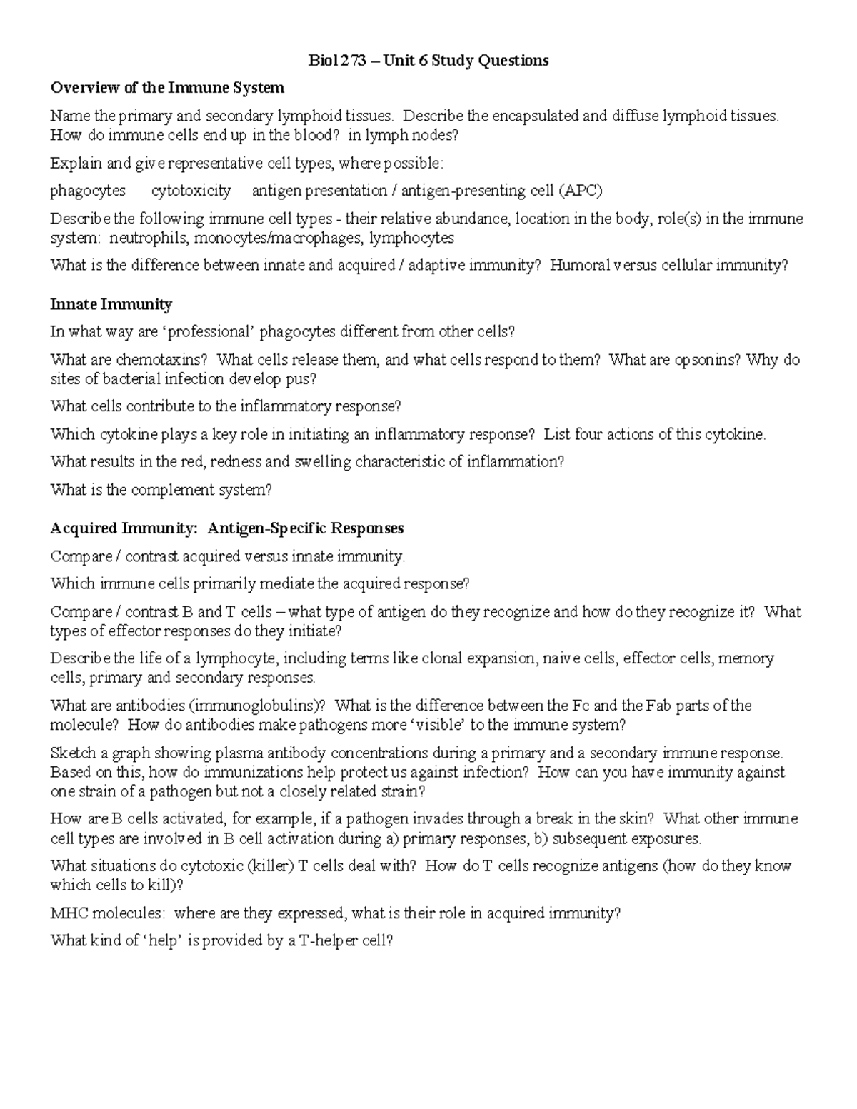 Unit 6 - review - Unit 6 - Biol 273 – Unit 6 Study Questions Overview ...