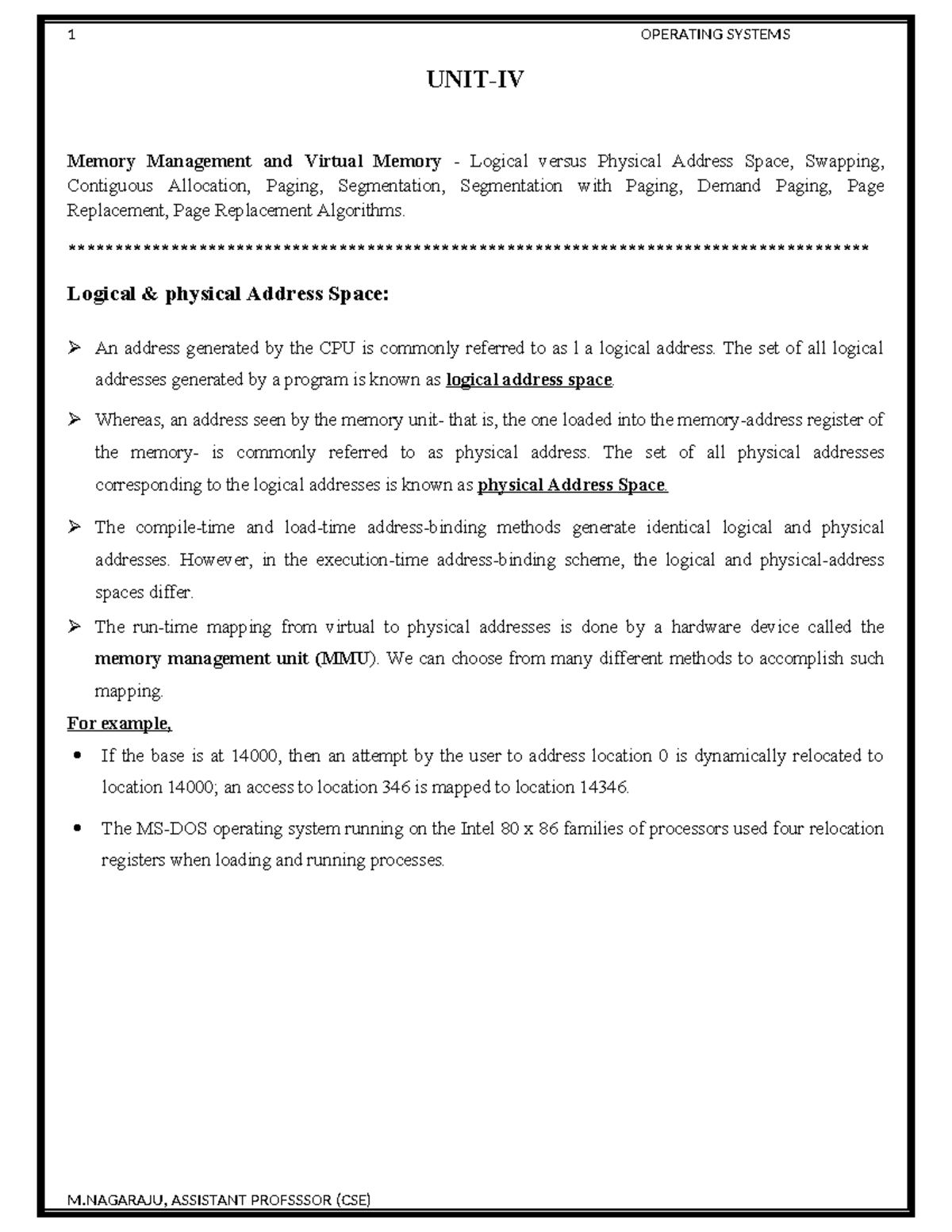 R18 Os Unit Iv Paging Of Os Unit Iv Memory Management And Virtual Memory Logical Versus
