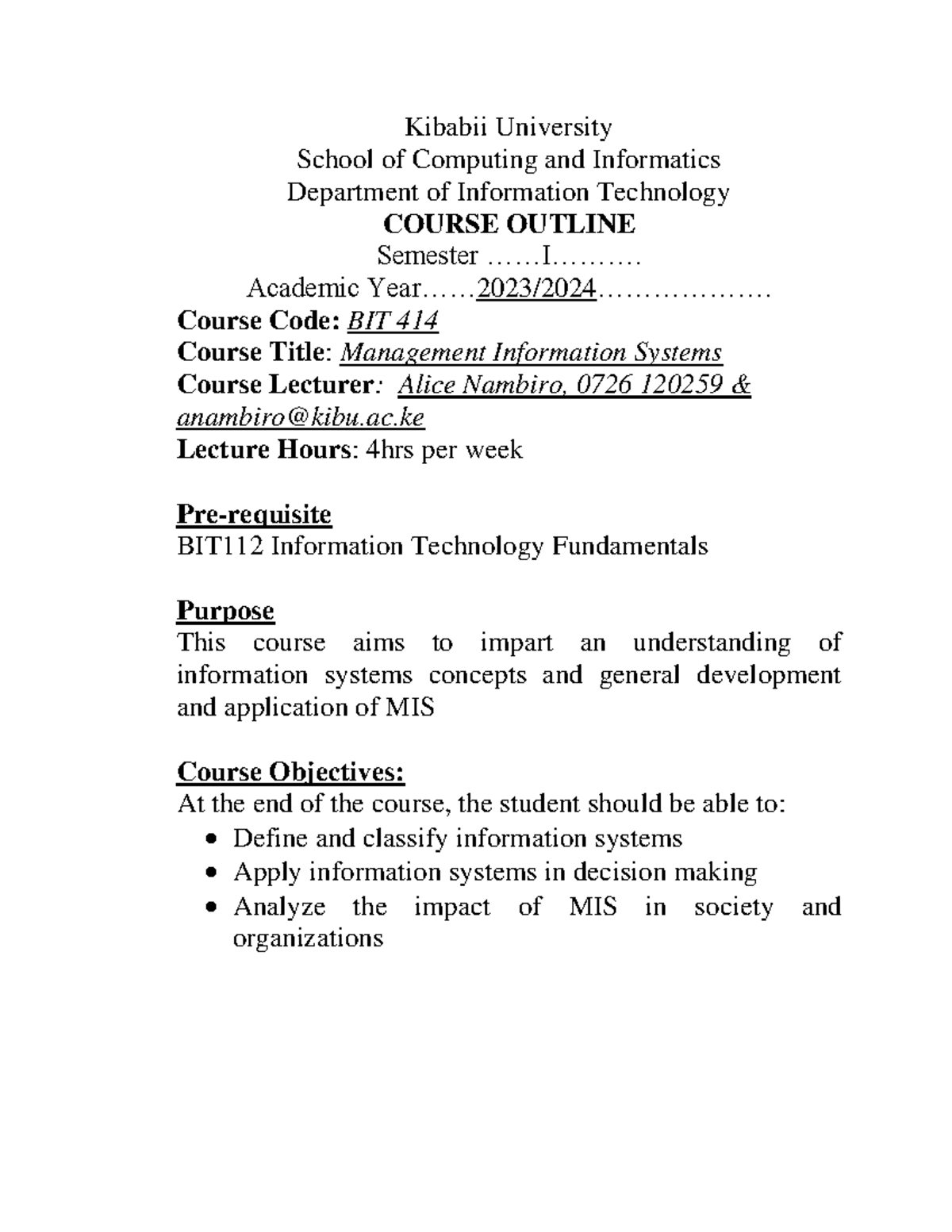 BIT 414 Course Outline - this are the lecture notes - Kibabii ...
