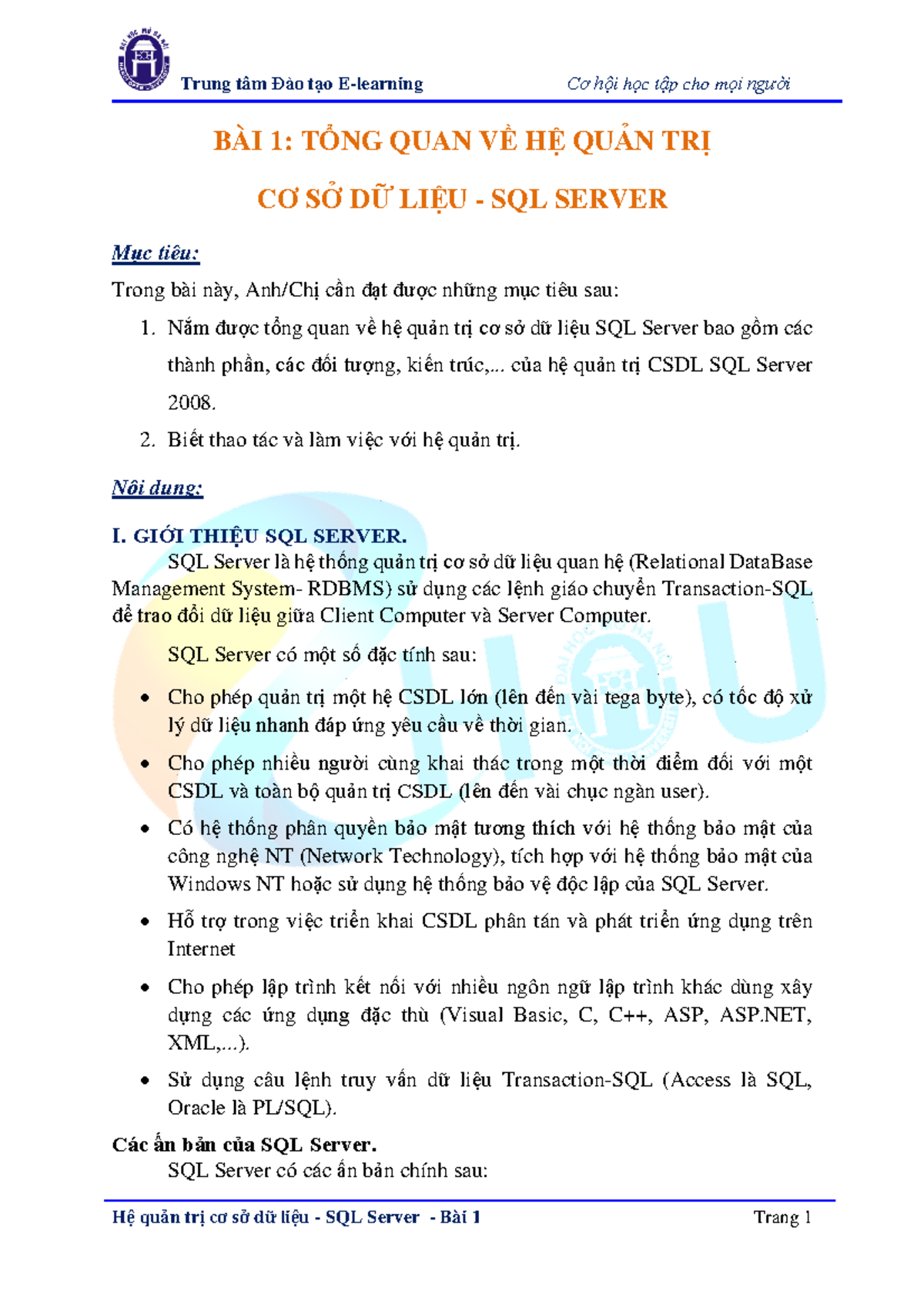 IT10- HE QUAN TRI CSDL - Hệ quản trị cơ sở dữ liệu - BÀI 1: TỔNG QUAN ...