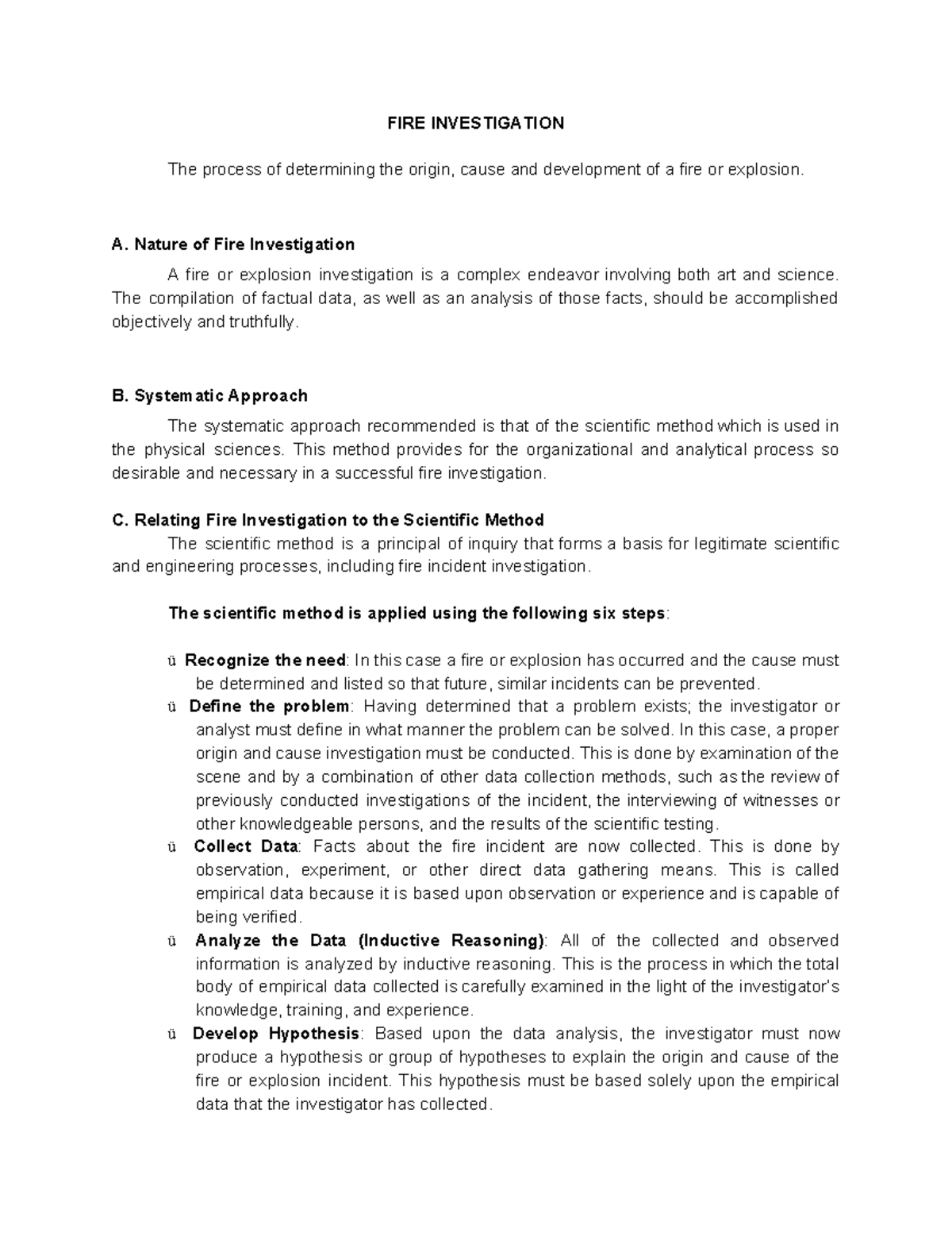Fire Investigation Lecture Notes - FIRE INVESTIGATION The process of ...