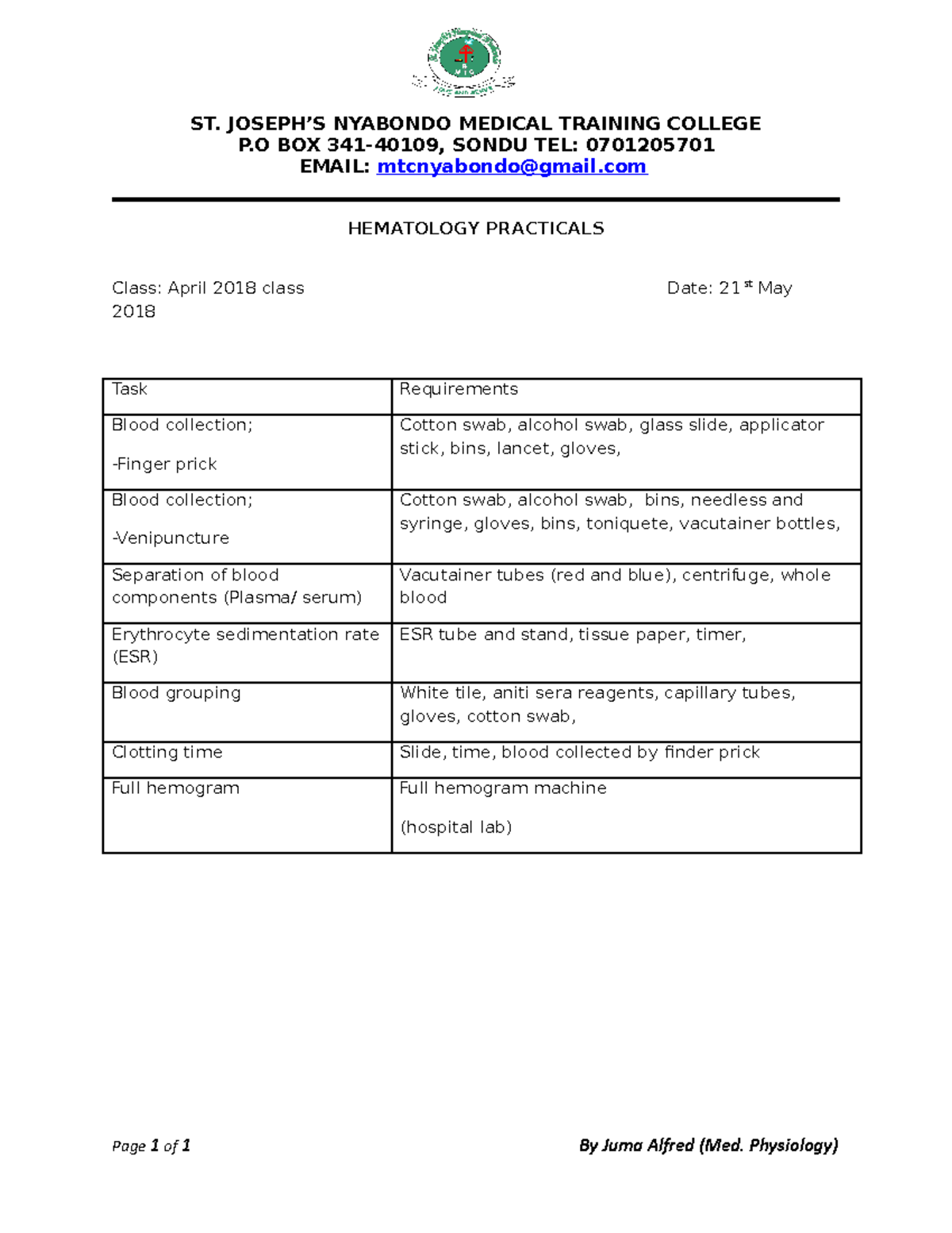 Blood practicals - On going - ST. JOSEPH’S NYABONDO MEDICAL TRAINING ...