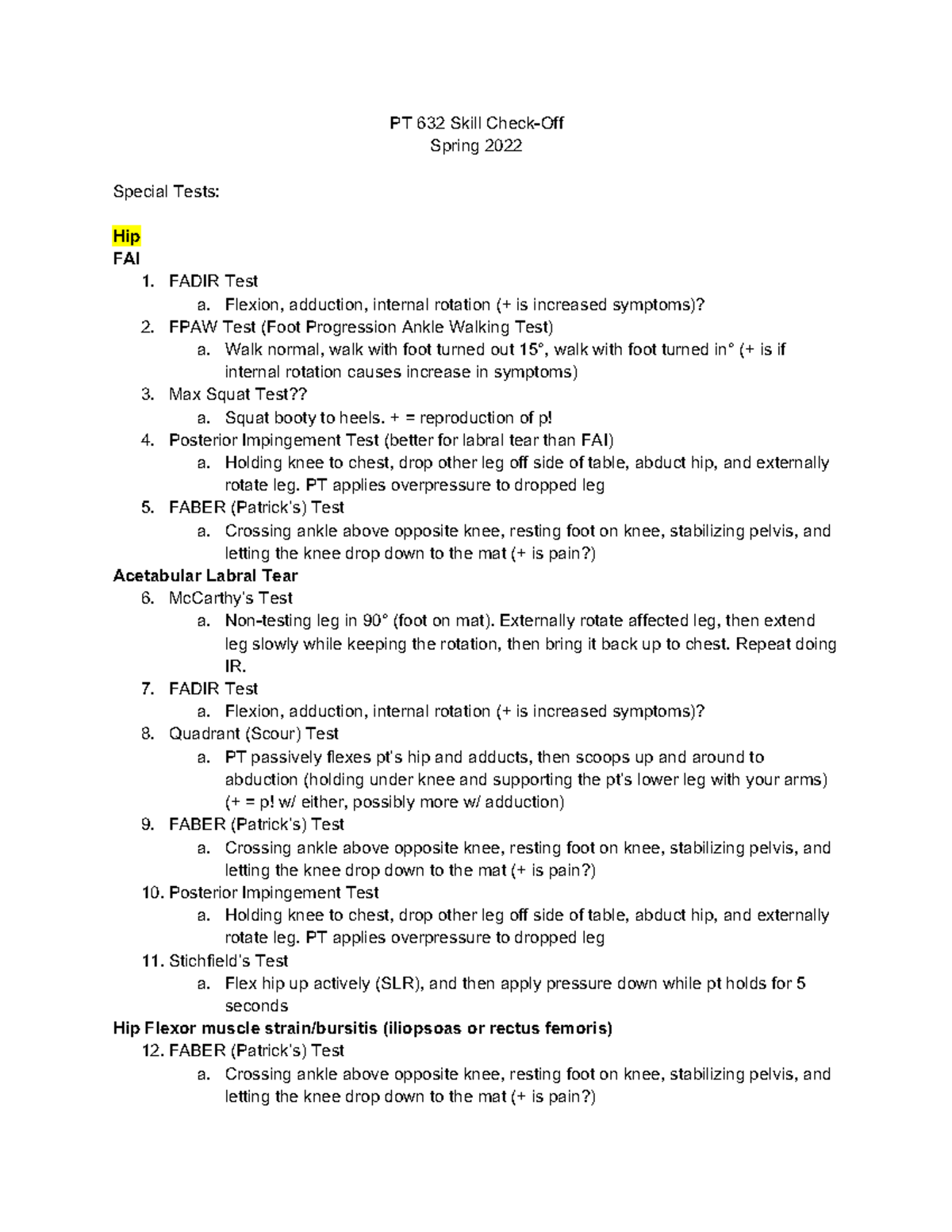 Skill Check-Off - Hip, Knee, and Ankle Special Tests review sheet for ...