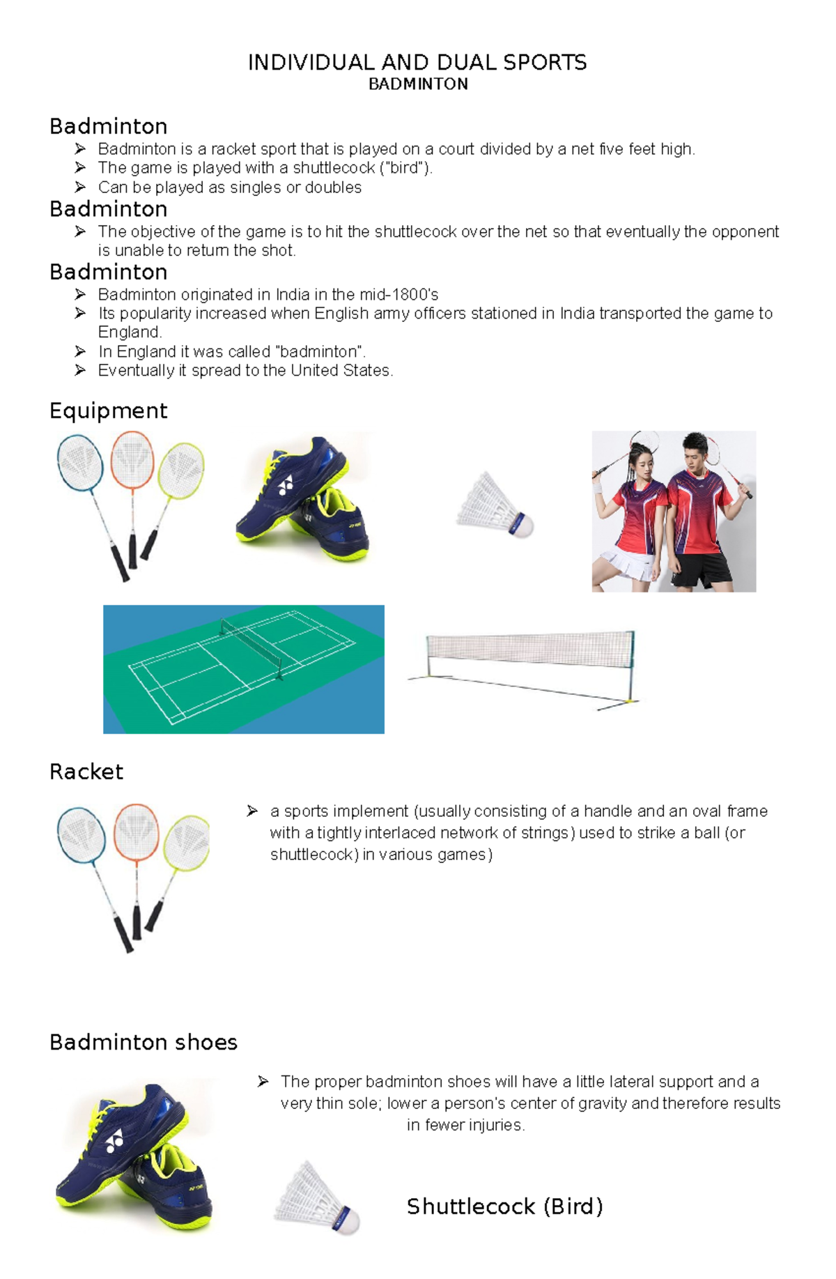 Individual AND DUAL Sports - INDIVIDUAL AND DUAL SPORTS BADMINTON ...