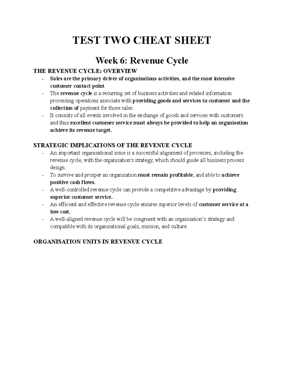Test Two Cheat Sheet - TEST TWO CHEAT SHEET Week 6: Revenue Cycle THE ...