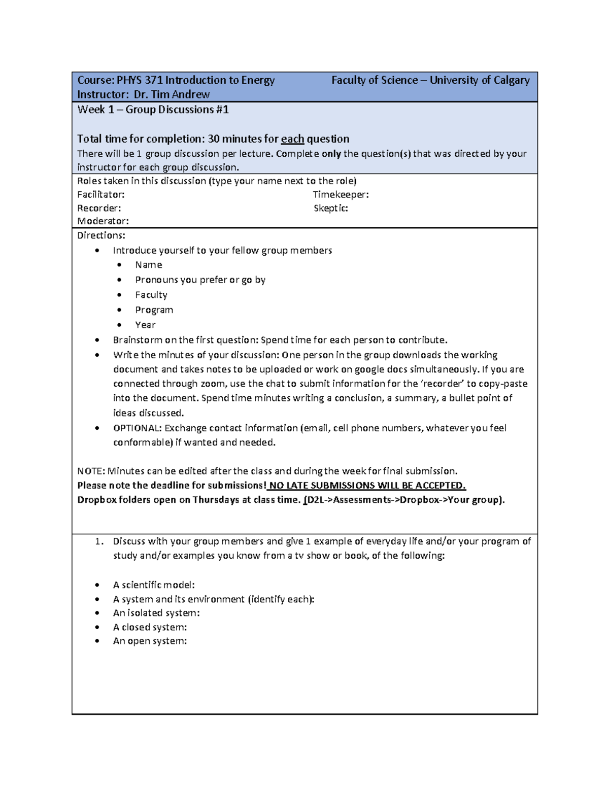 PHYS 371 Group Discussion #1 - Course: PHYS 371 Introduction to Energy ...