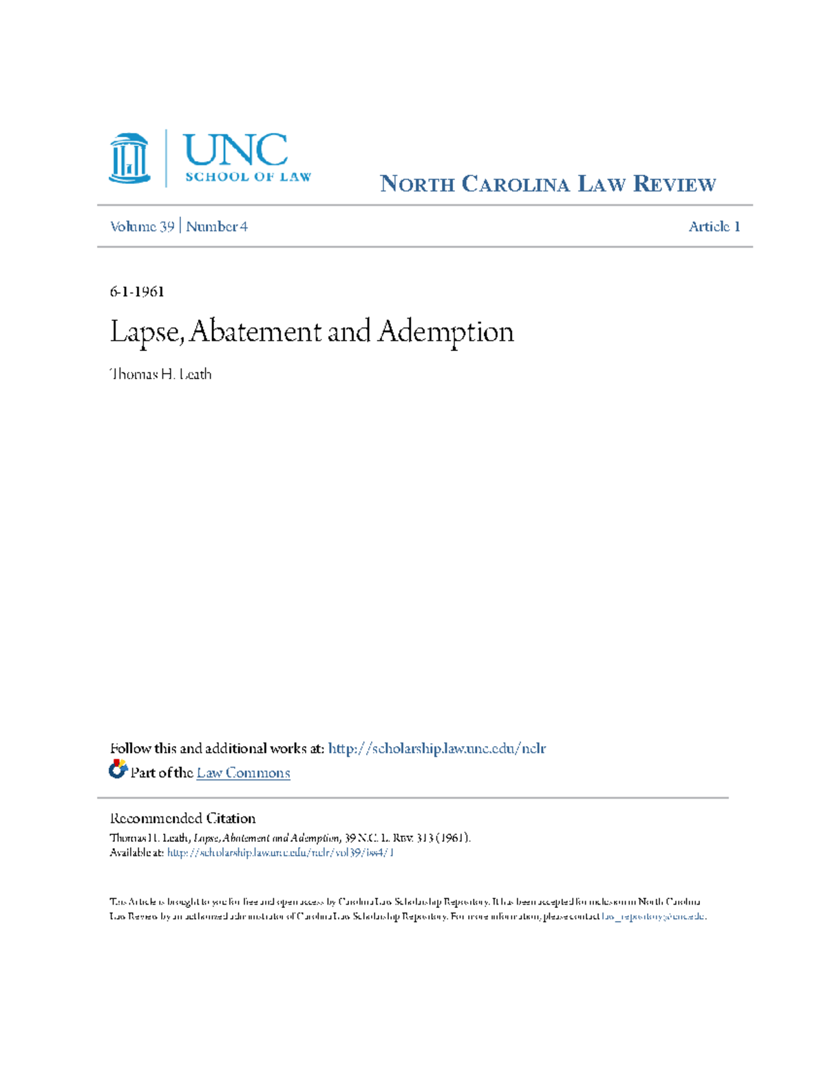 Lapse Abatement and Ademption - NORTH CAROLINA LAW REVIEW Volume 39 ...