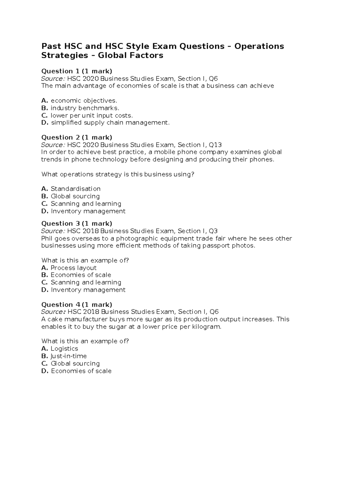 10. Past HSC and HSC Style Exam Questions â Operations Strategies â ...