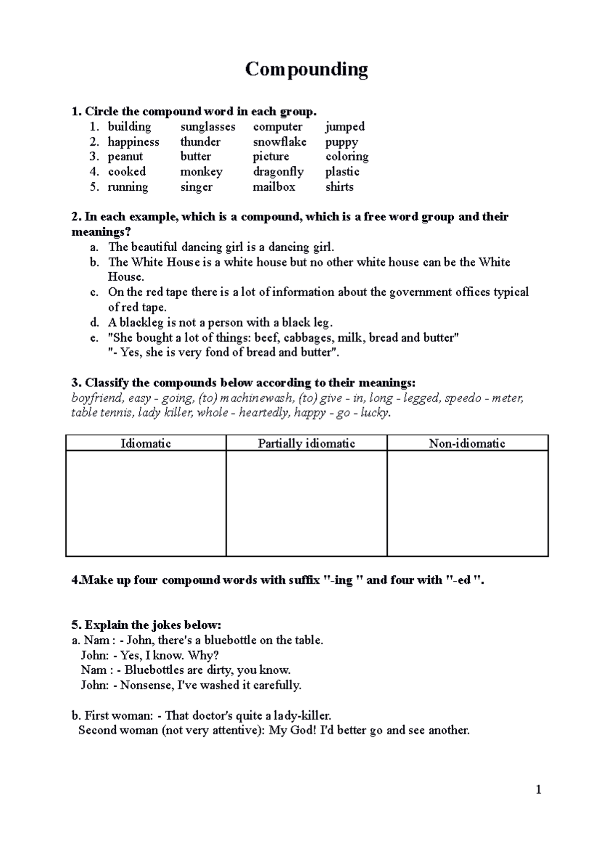 Week 4 Compounding handout - Compounding Circle the compound word in ...