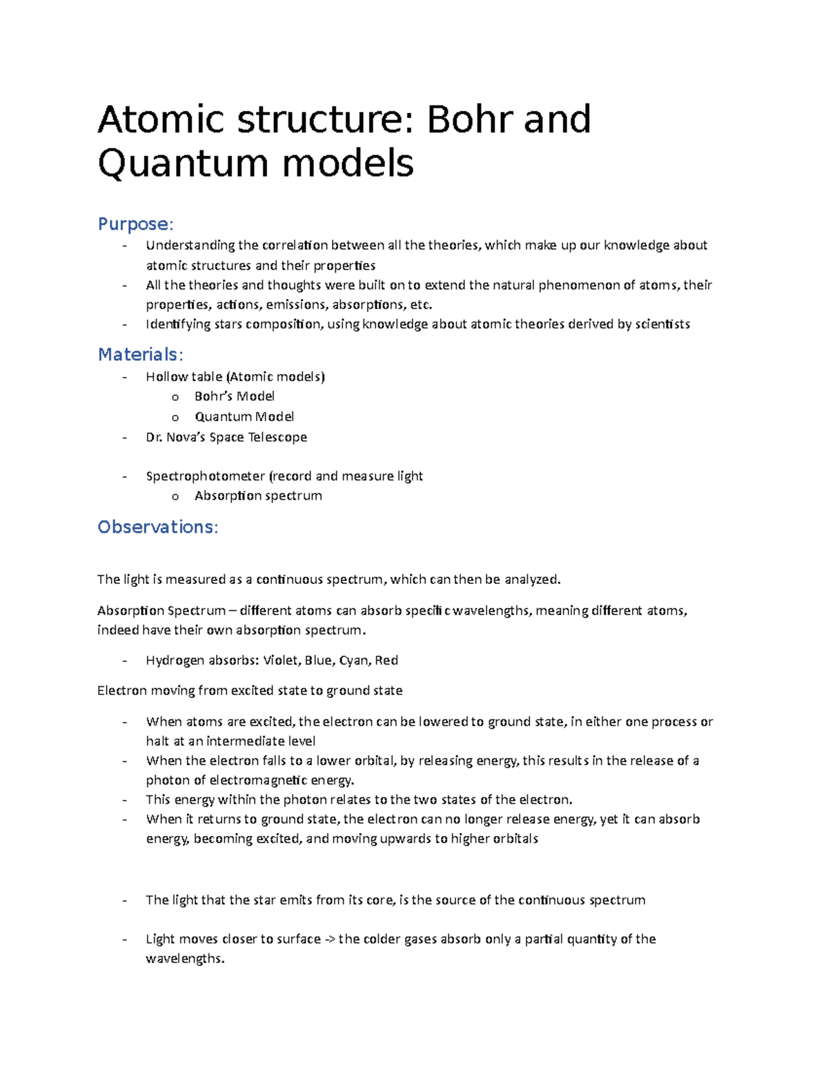 Lab 4 Atomic Structure Assignment - Atomic structure: Bohr and Quantum ...